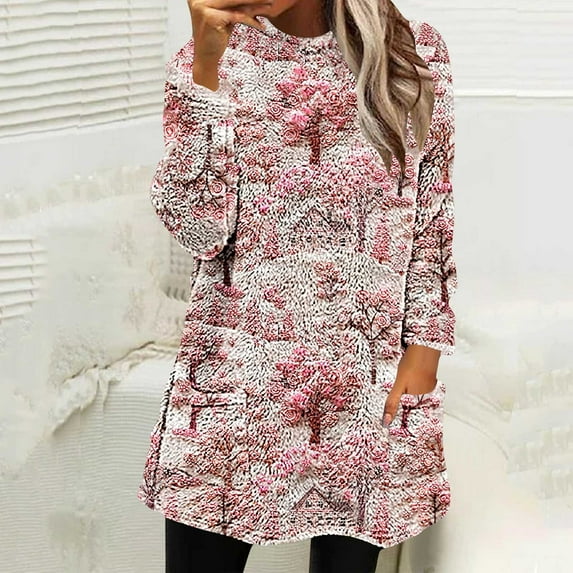 Amidoa Winter Womans Tops Long Sleeve Christmas Flannel Tunic Fuzzy ...