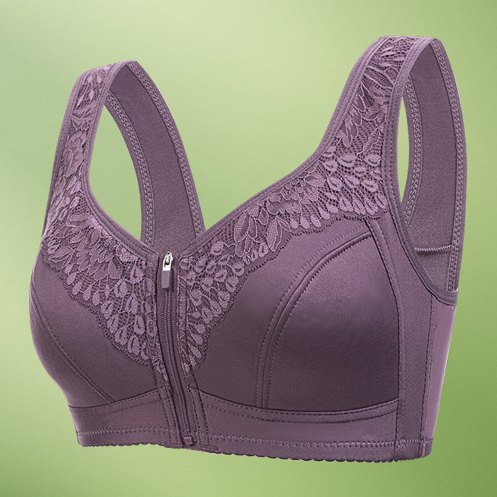 Amidoa Wire-Free Bras for Older Women Large Bust Front Zipper Purple ...