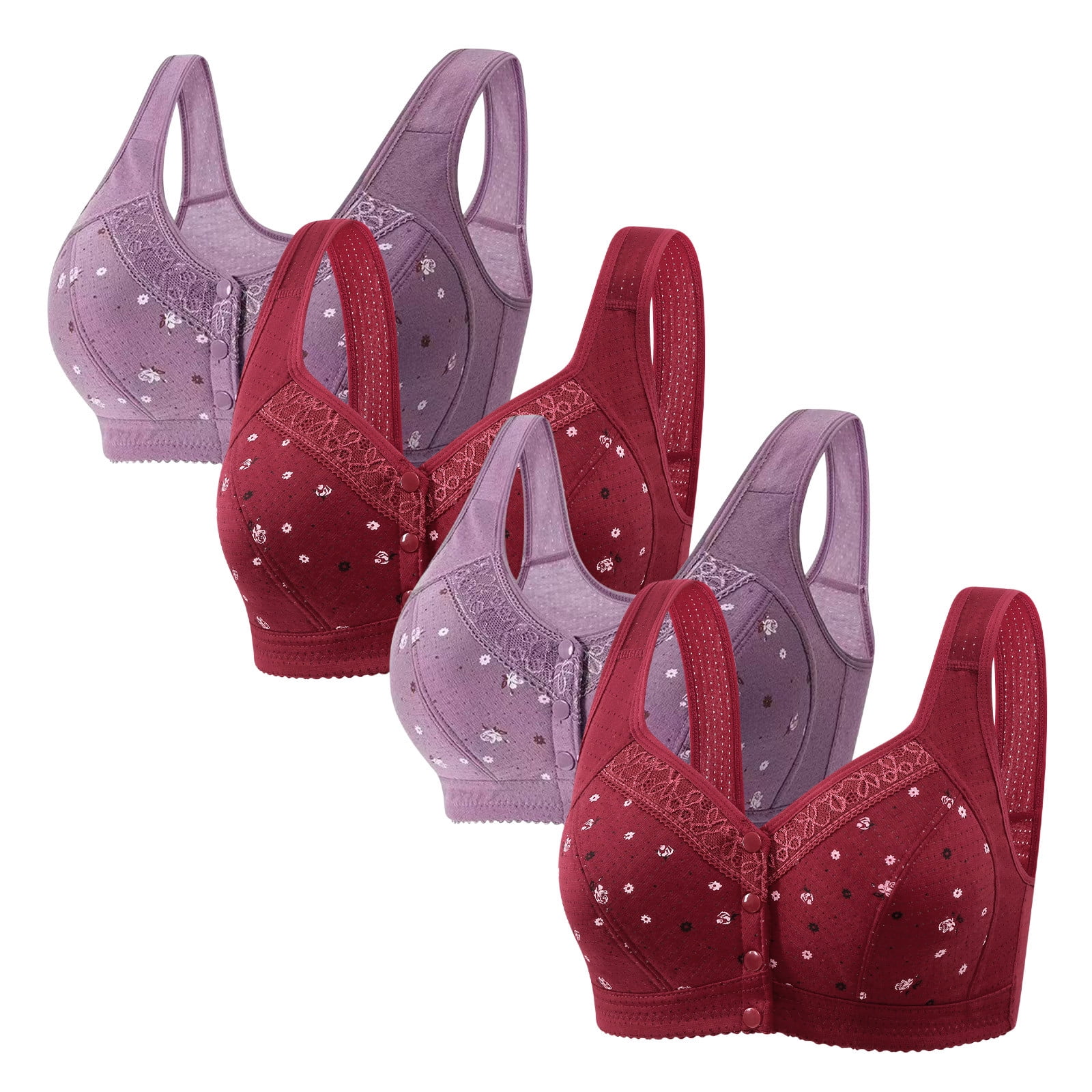Amidoa Wireless Bras for Older Women Front-Close Purple Nursing Floral ...