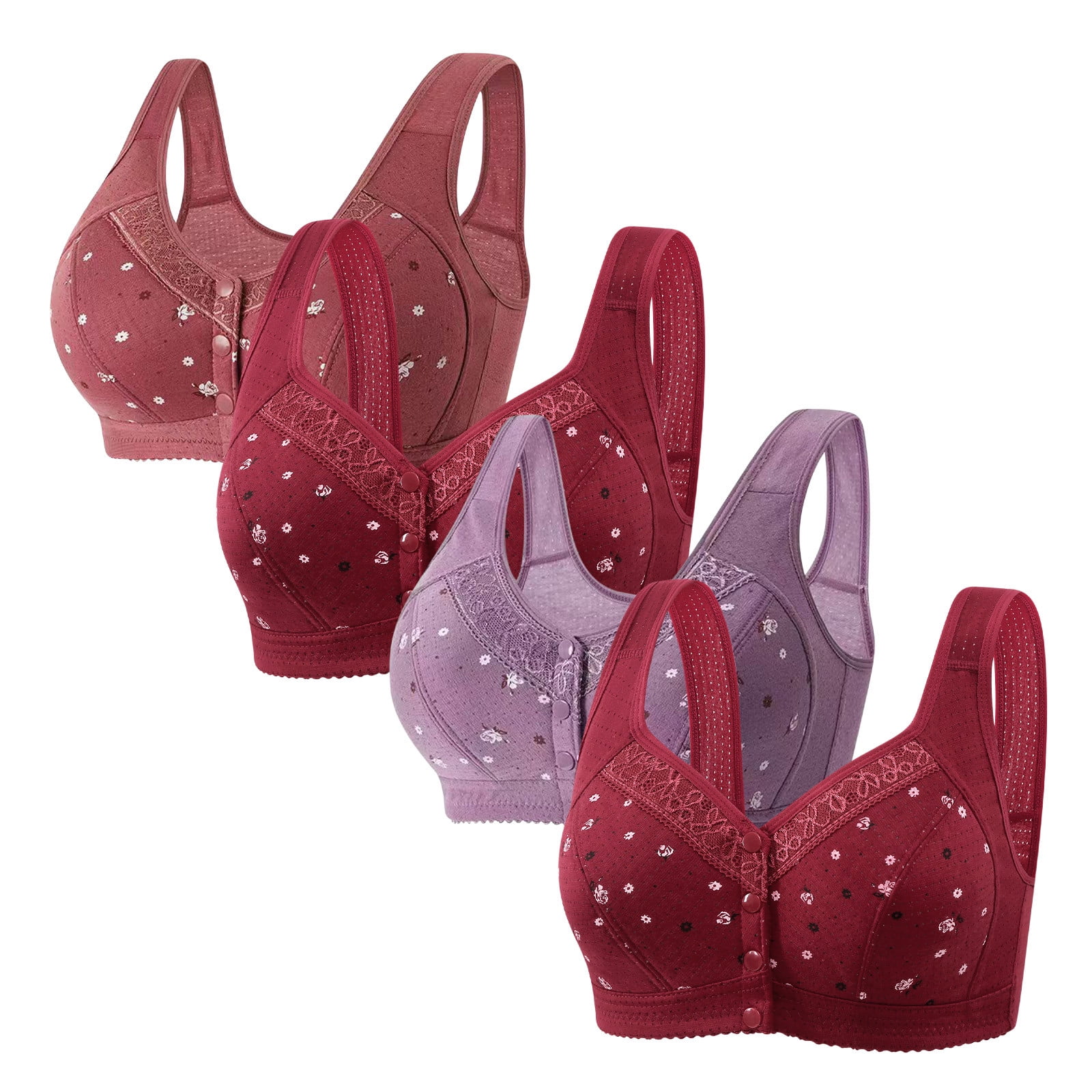 Amidoa Wireless Bras for Older Women Nursing Red Front-Close 4 Pcs ...