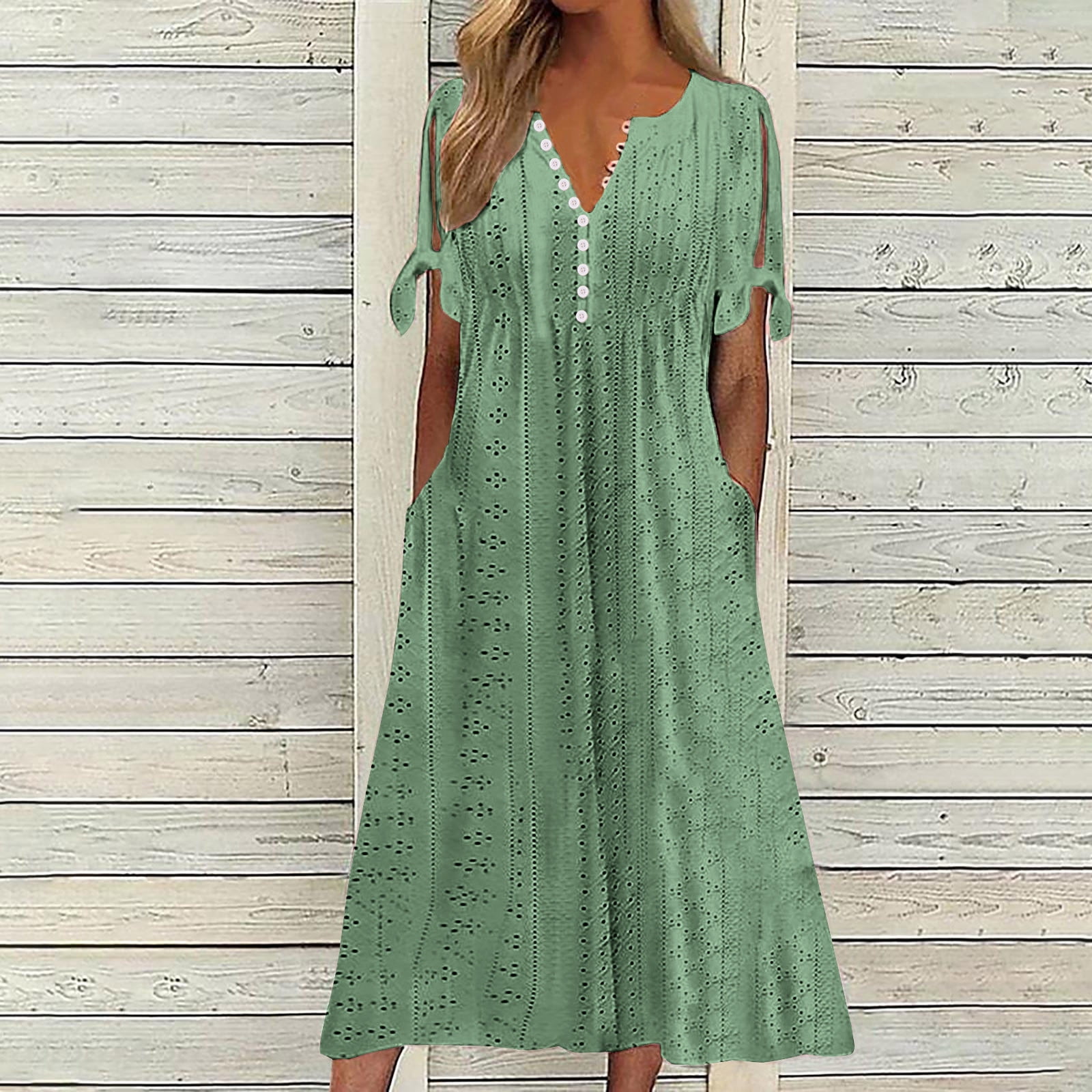 Amidoa Woman Dresses Green V-Neck Off the Shoulder Short Sleeve Cutout ...