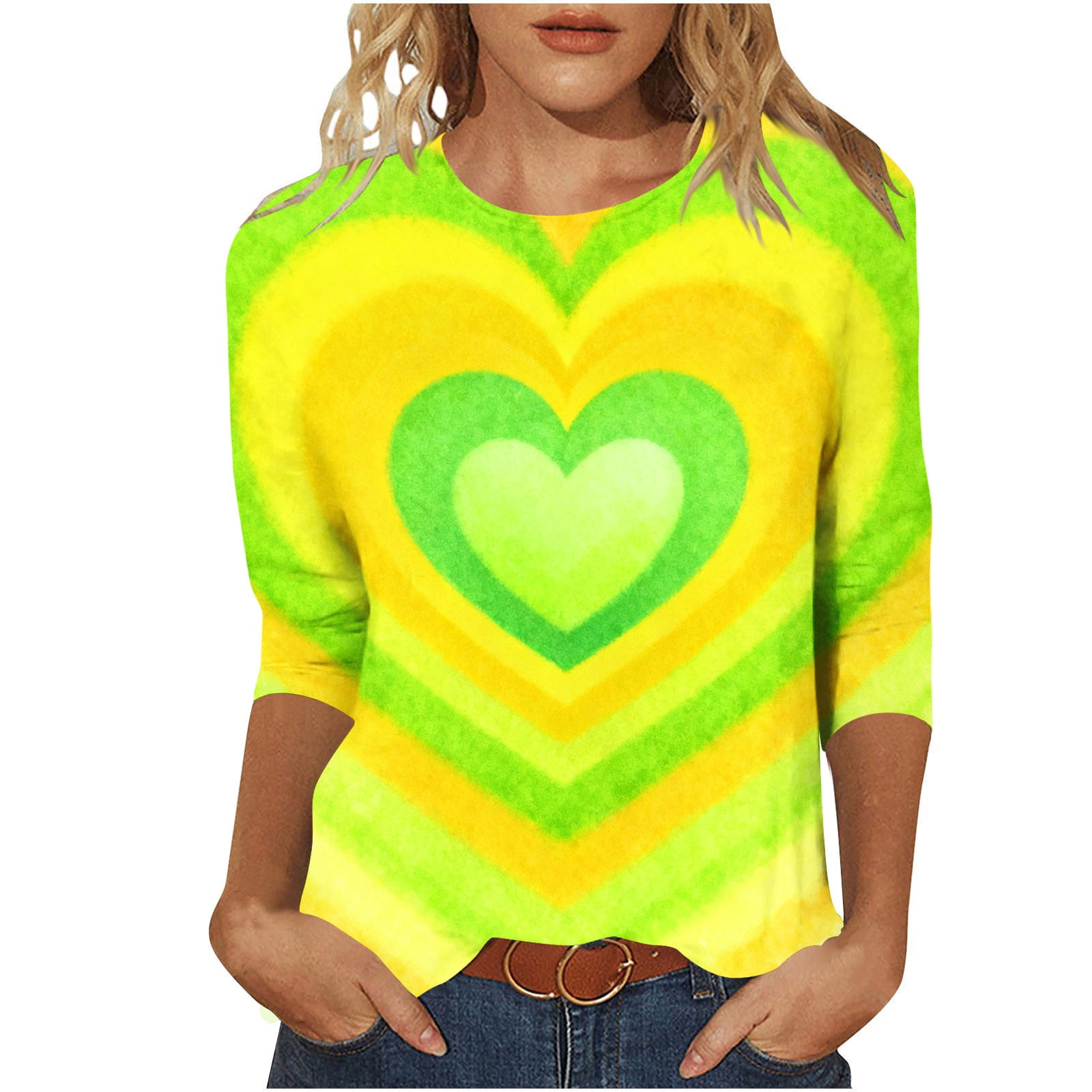 Amidoa Womans Tops Valentines Cute Colorful 3/4 Sleeve Blouses Loose ...