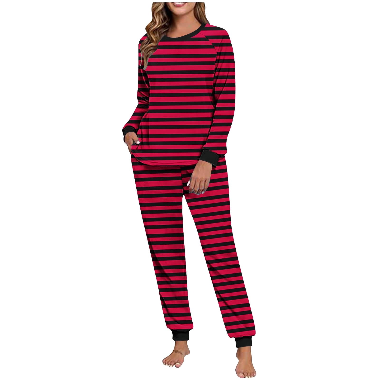 Amidoa Women Pajama Sets Red Long Sleeve Casual Fleece Cuffed Pants ...