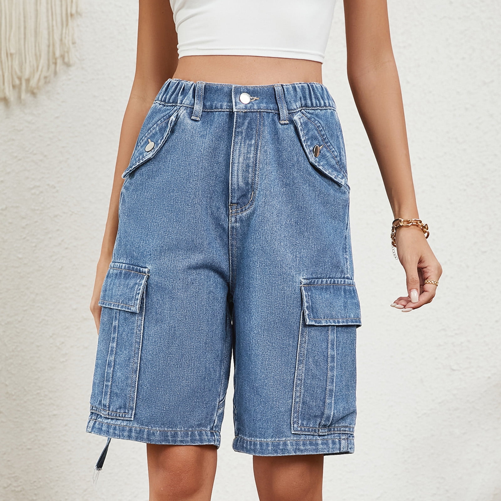 Amidoa Women Shorts Elastic Waist Wide Leg Zipper Jean Shorts Capris