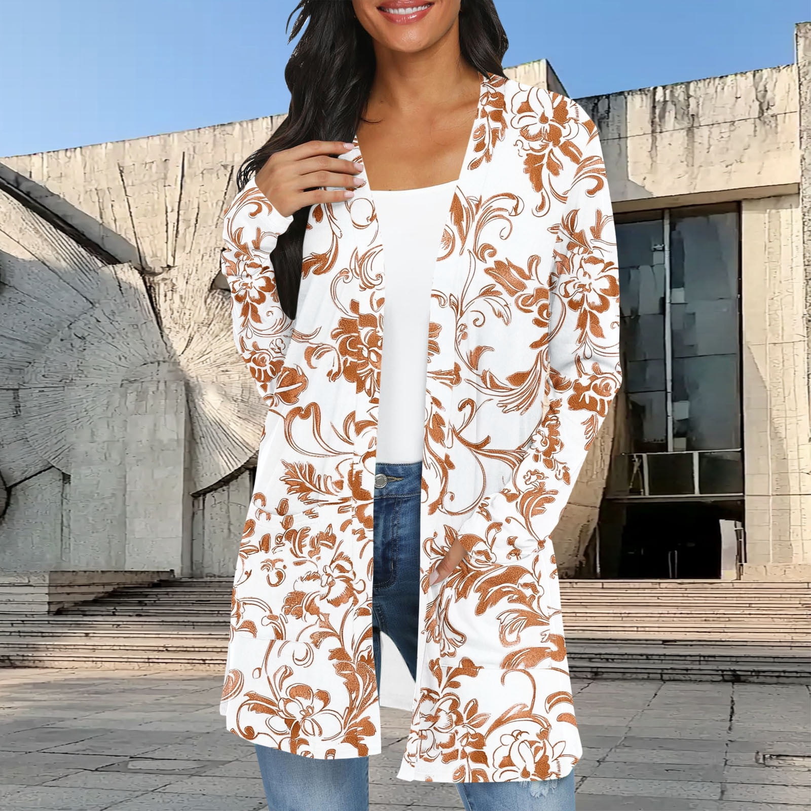 Amidoa Women's Cardigans Long Open Front Long Sleeve Beige Lightweight ...