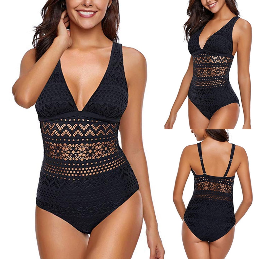 Amidoa Womens Plus Size Swimsuits Retro One Piece Cutout Lace Monokini