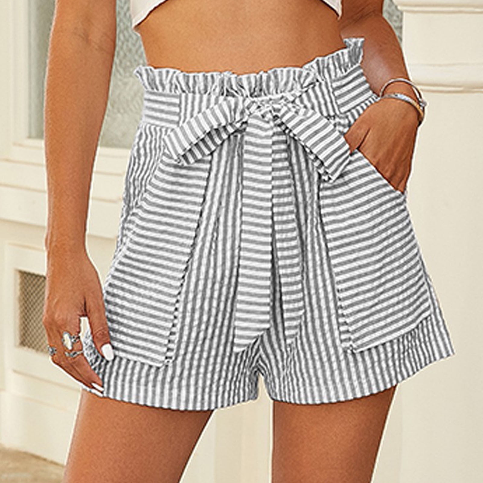 Amidoa Womens Shorts Elastic Waist Striped Print Drawstring Shorts Womens Capris Clearance