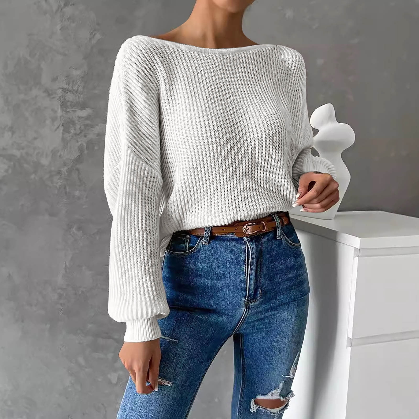 Amidoa Women's Sweaters Knit White Long Sleeve Workout Loose Round Neck ...