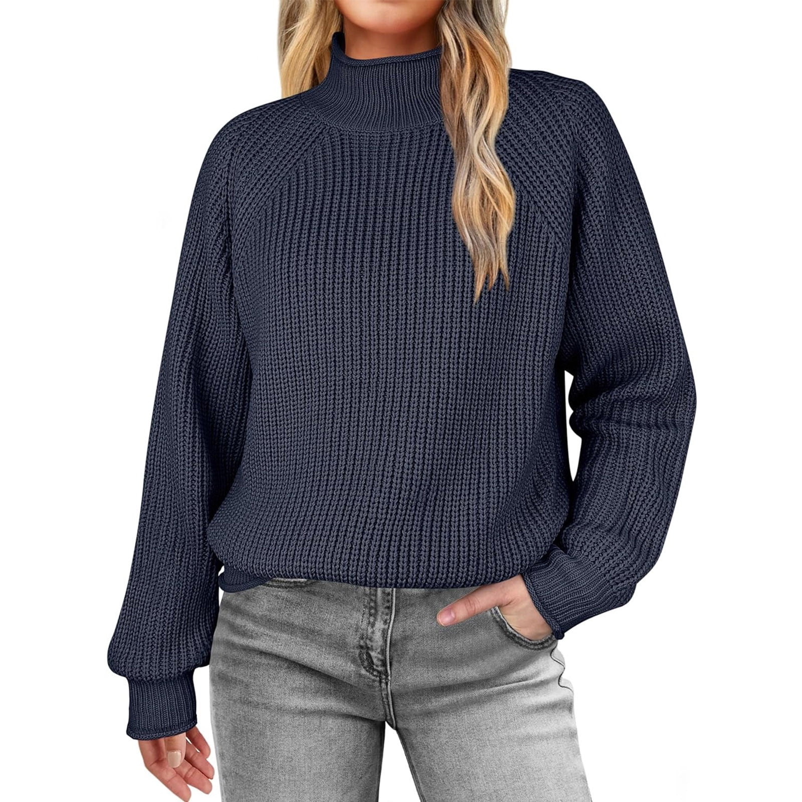 Amidoa Women's Sweaters Turtleneck Blue Long Sleeve Lightweight ...
