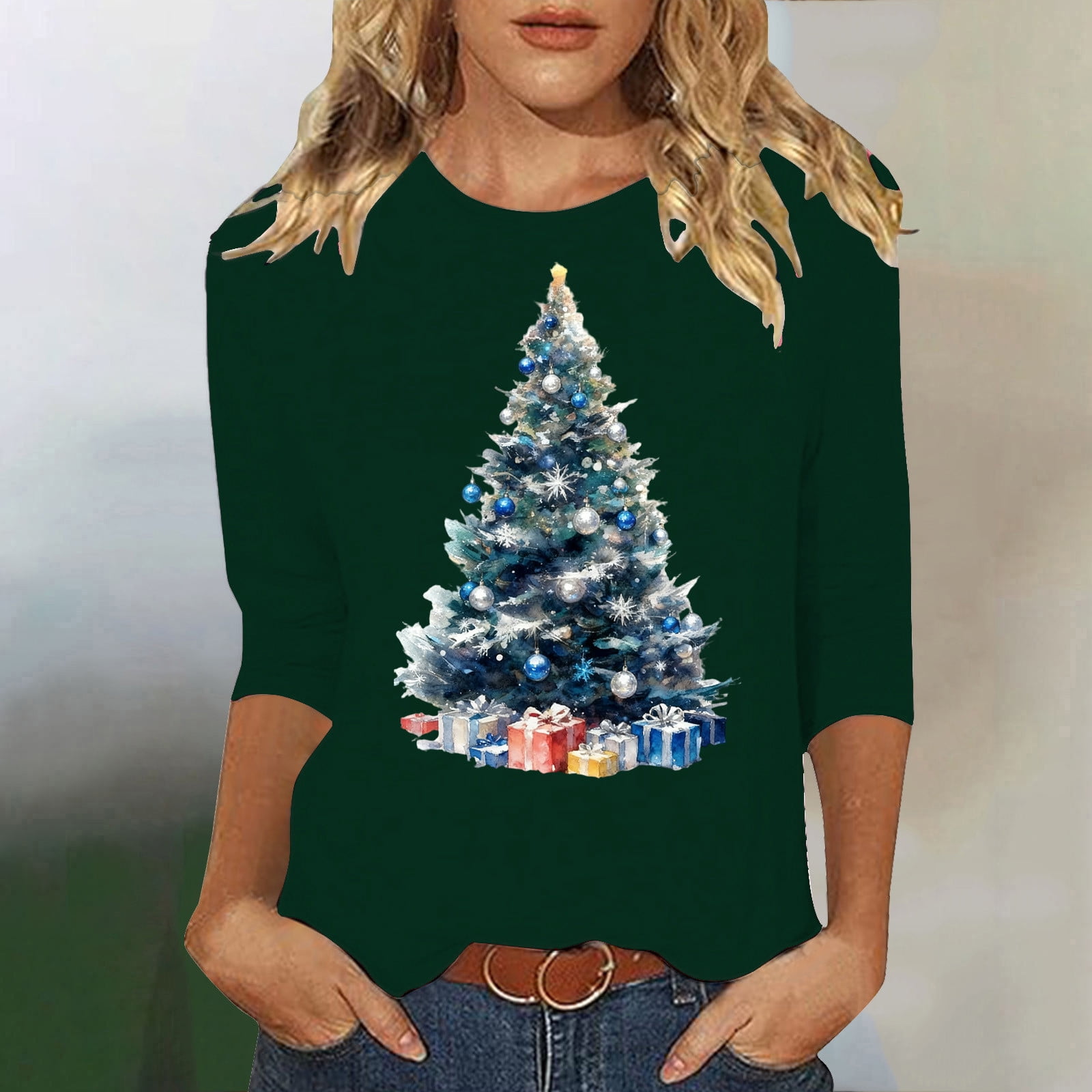 Amidoa Women's Tops Funny Green Sparkly 3/4 Sleeve Blouses Christmas ...