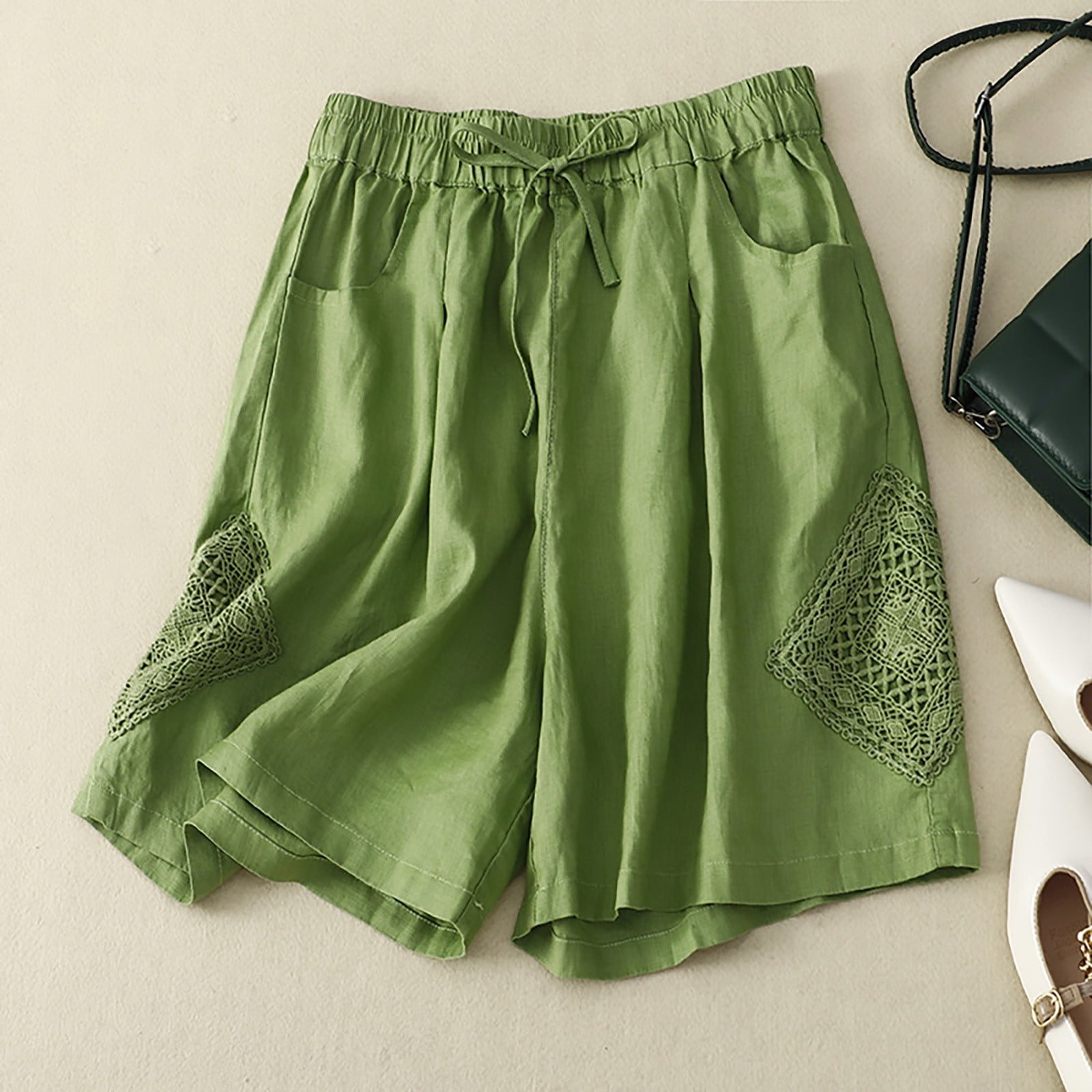 Amidoa Womens Shorts Plus Size Elastic Waist Drawstring Cotton Blend