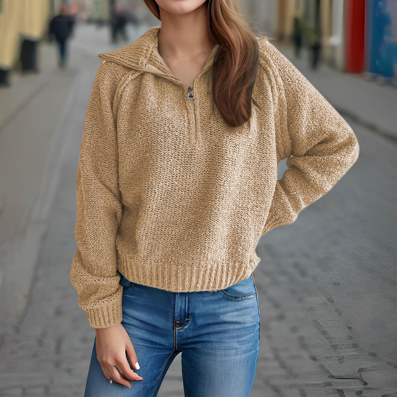 Amidoa Womens Sweater Long Sleeve Zip-up Pullover Yellow Knit Solid ...