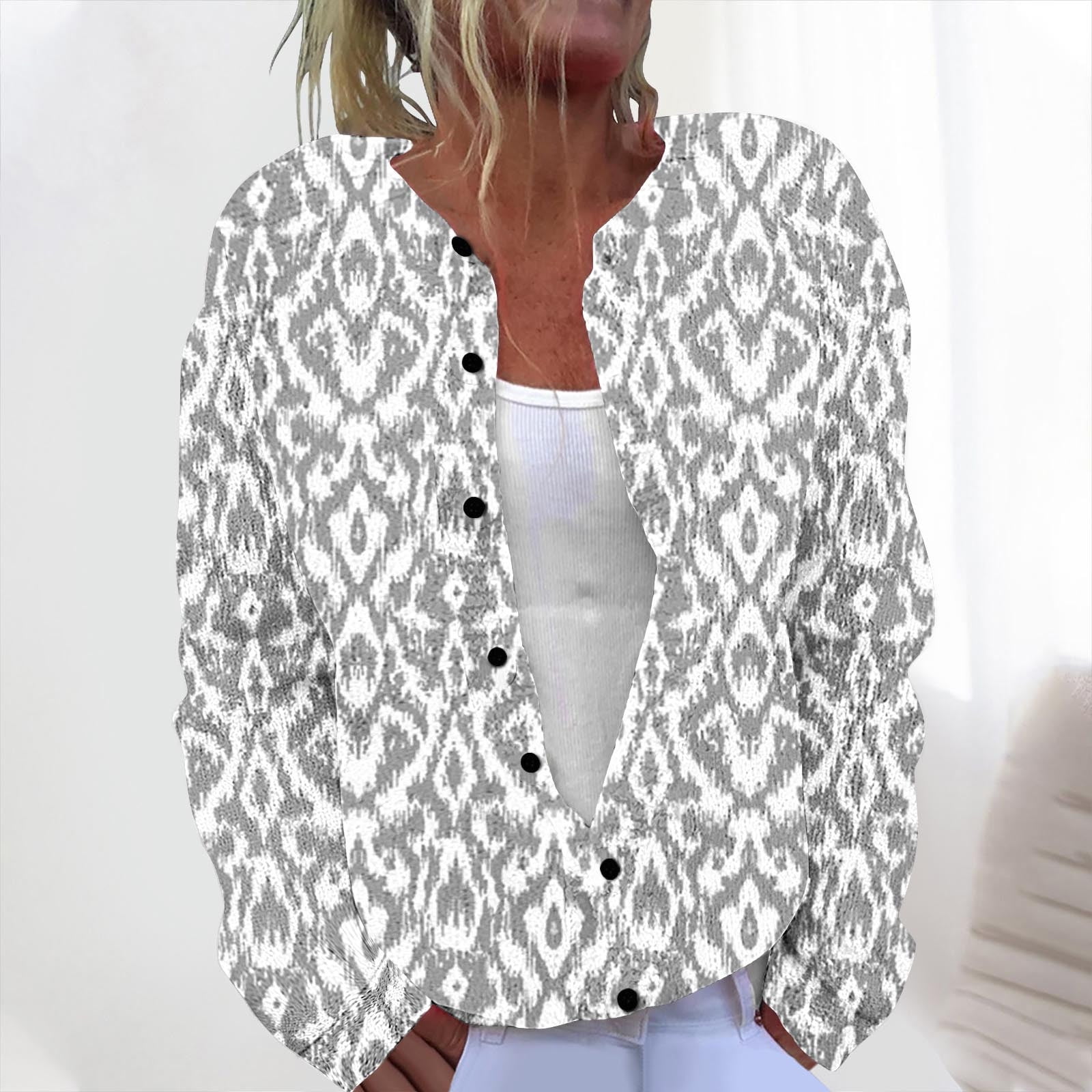 Amidoa Womens Sweaters Cardigan Button up Gray Long Sleeve Retro Knit ...