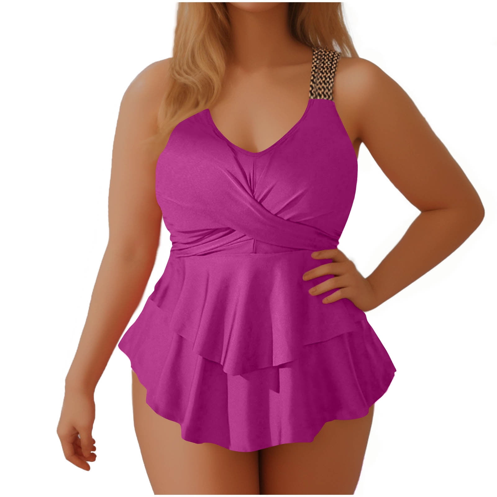 Amidoa Womens Swimsuits Plus Size Layered Shirring Hem Solid Wrap