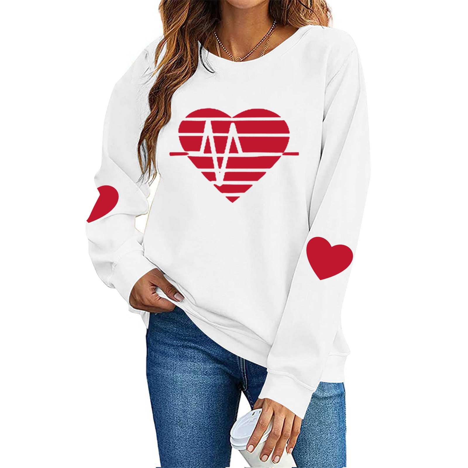 Amidoa Womens Tops Valentines Day Long Sleeve Long White Sweatshirts ...