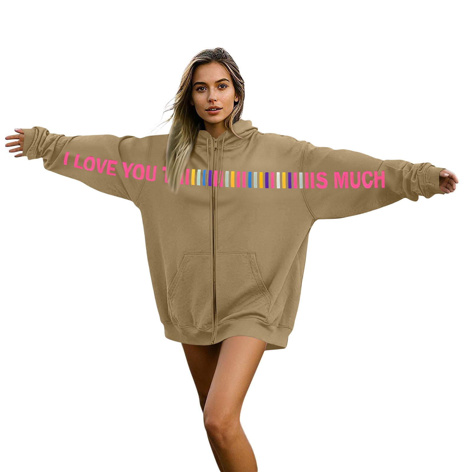 Amidoa Zip up Women's Hoodie Long Sleeve Plus Size Valentines Brown ...