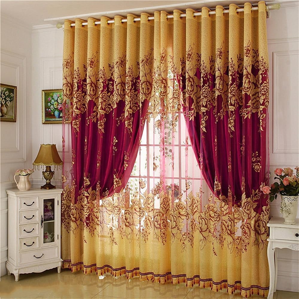 Amidoudou 1 Pair European Double Layer Curtains for Living Room Peony ...