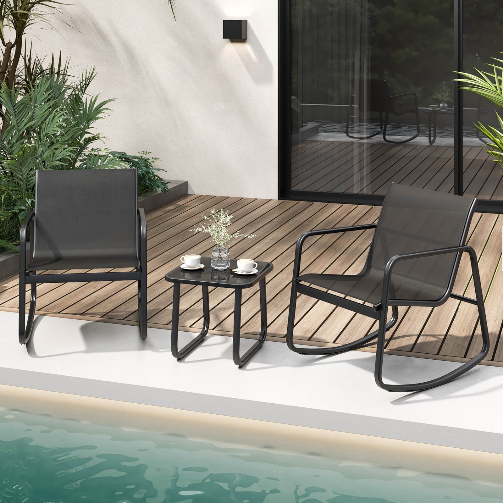 Amijoy 3 Piece Rocking Bistro Set, Patio Furniture Set w/ 2 Rocking ...