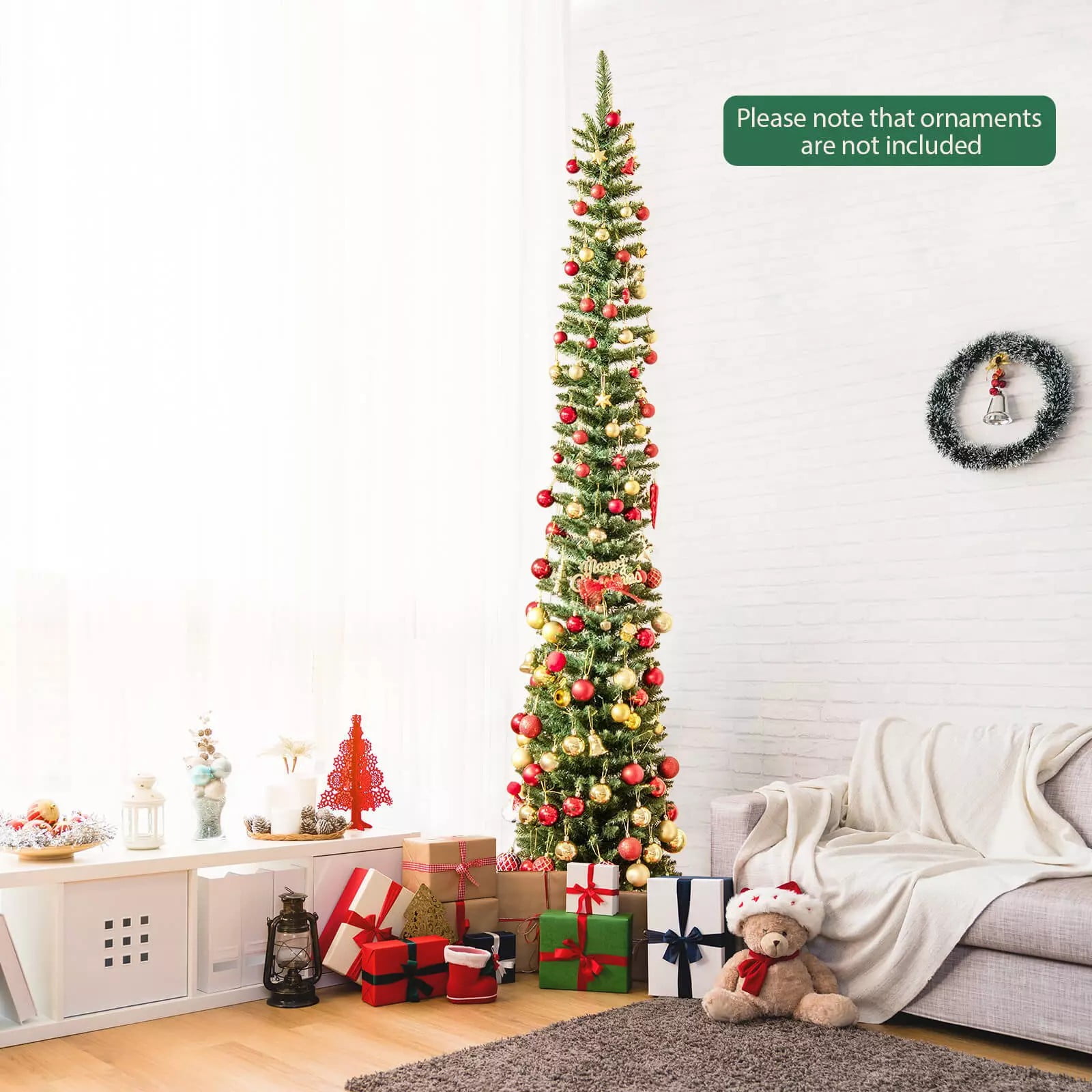 Amijoy 8 FT Pre-Lit Pencil Christmas Tree with 300 LED Lights & 591 ...