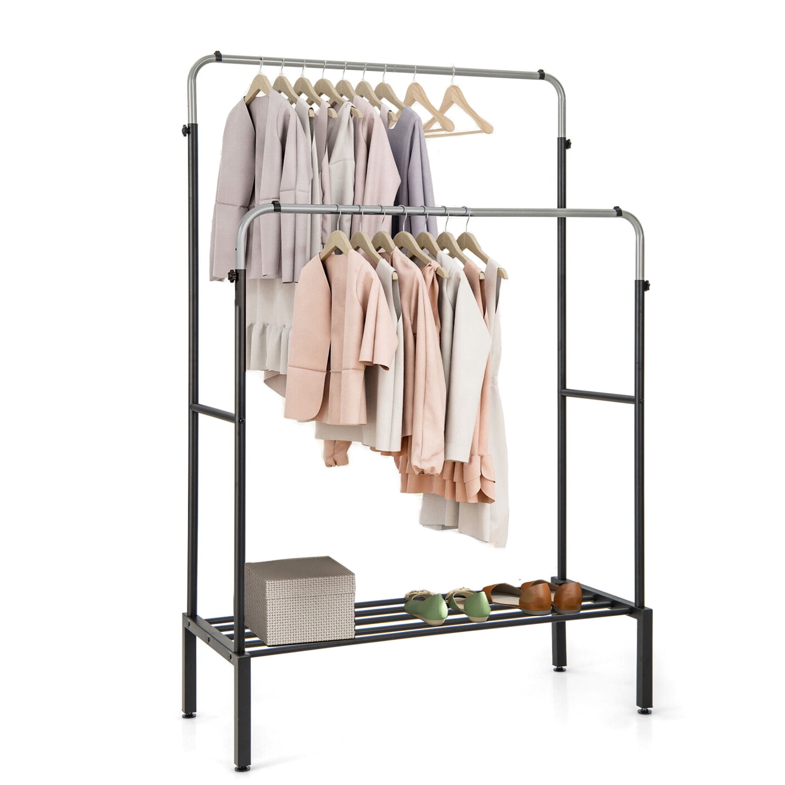 Amijoy Double Rods Garment Rack, 2 Heights Adjustable Clothing Rack ...