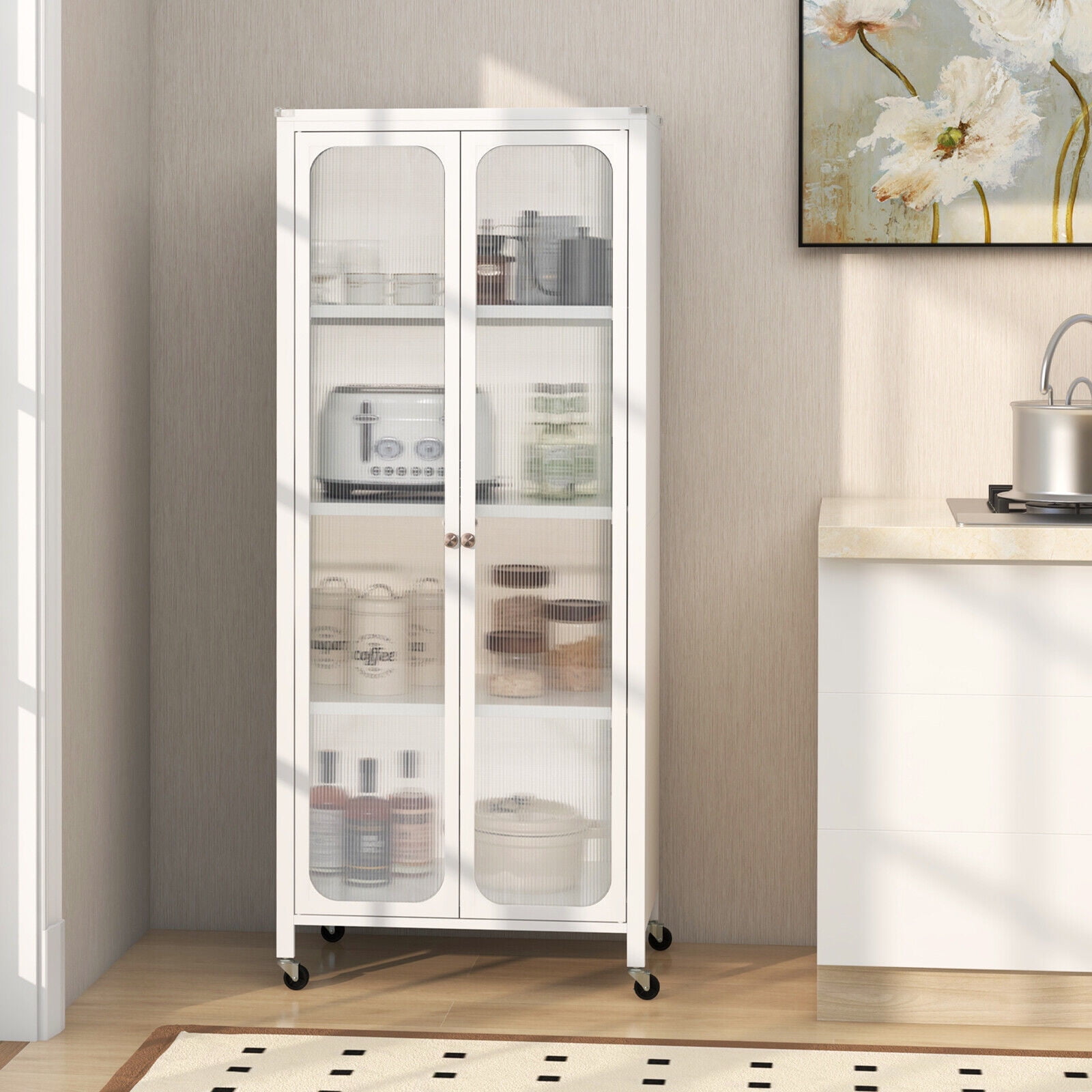 Amijoy Glass Doors Storage Cabinet w/ Wheels, Mobile 2 Doors Food ...
