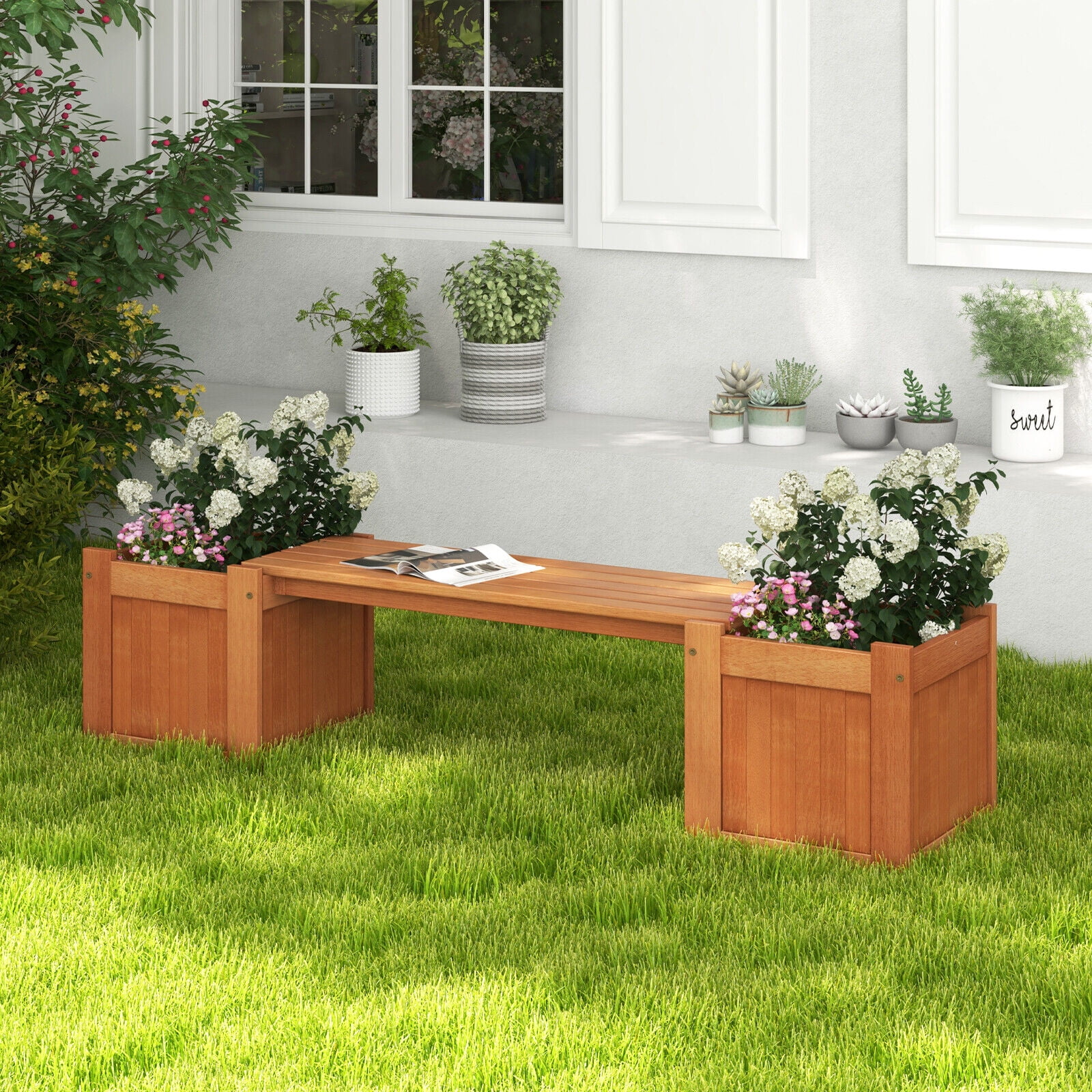 Amijoy Hardwood Planter Box w/ Bench, Garden Bench w/ 2 Side Flower ...