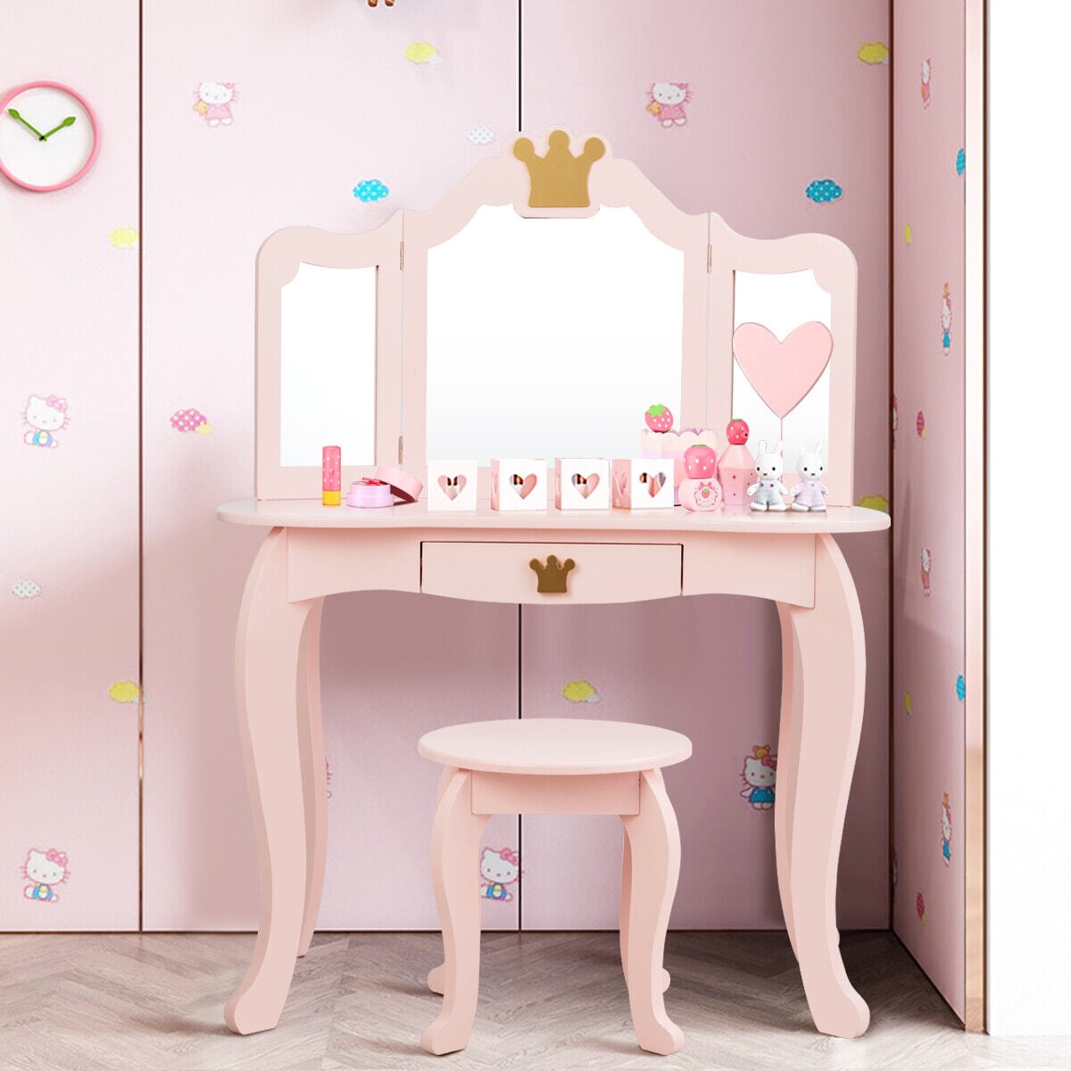 Amijoy Kids Vanity Table and Chair Set, Princess Makeup Dressing Table ...