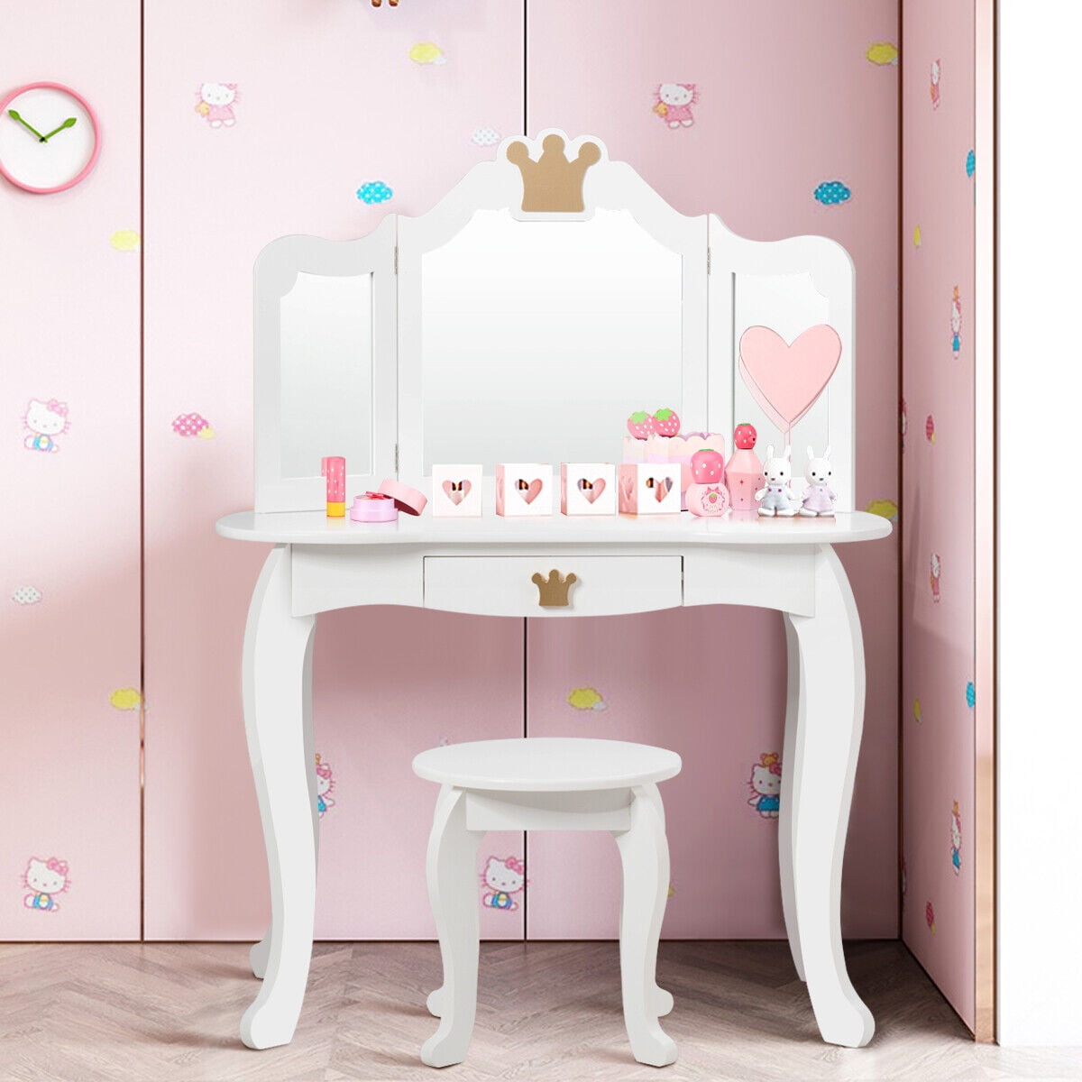 Amijoy Kids Vanity Table and Chair Set, Princess Makeup Dressing Table ...