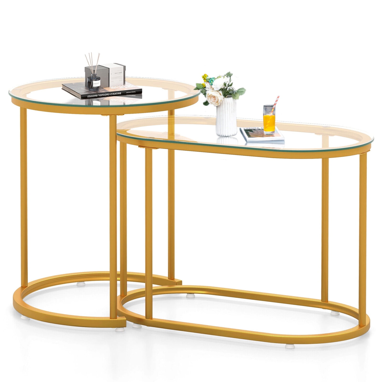 Amijoy Nesting Coffee Table Set of 2, Round & Oval End Tables with ...