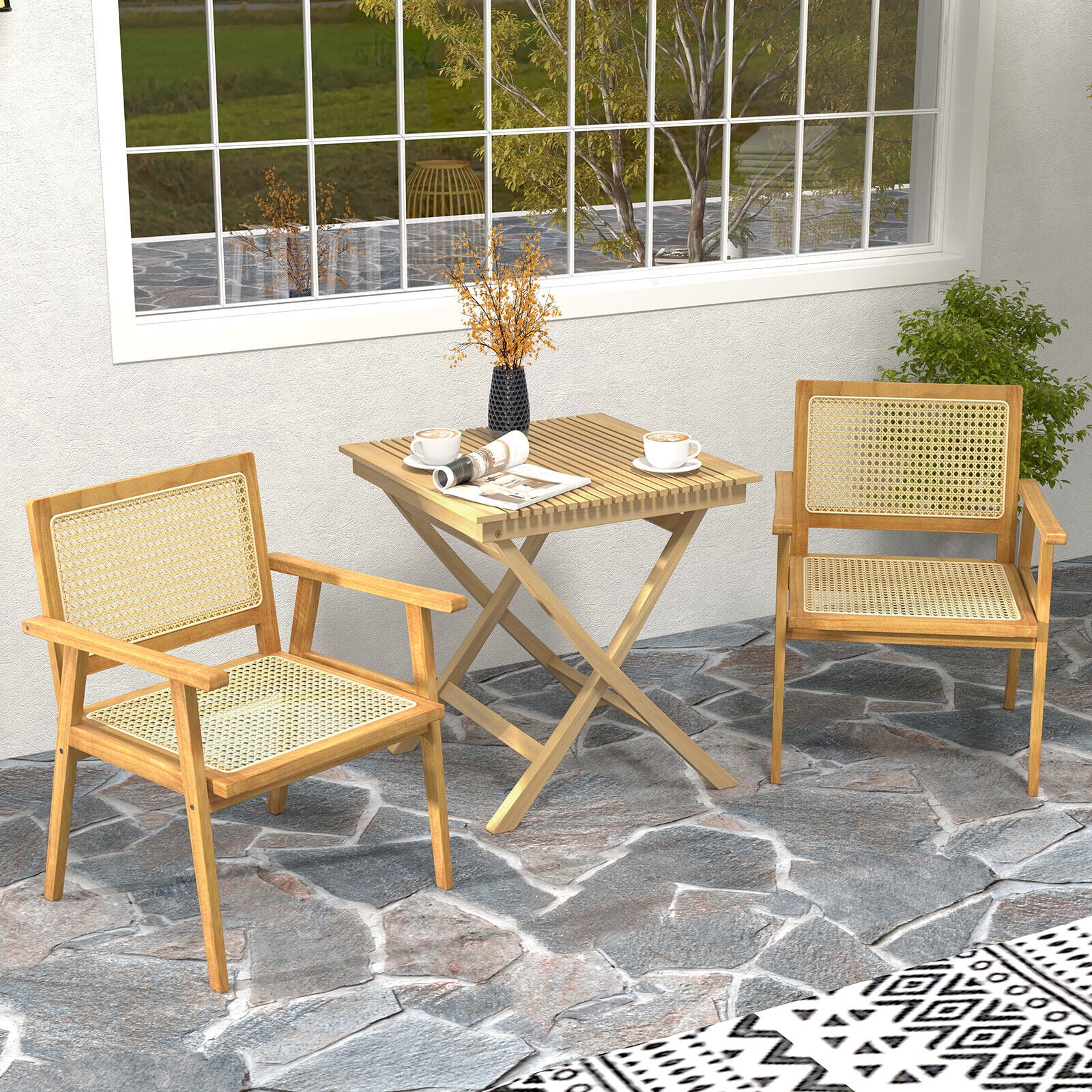 Amijoy Outdoor Wood Chair, Teak Wood Armchair w/ Rattan Seat & Back ...