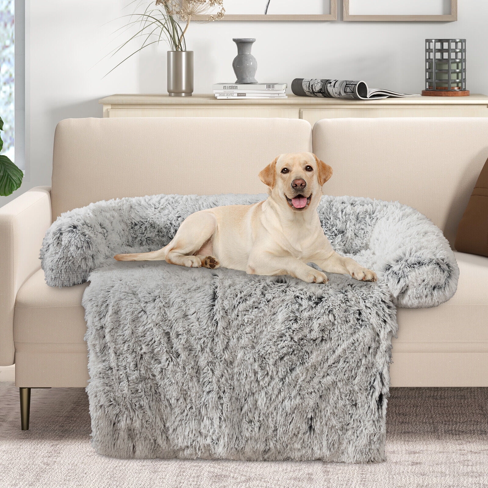 Amijoy Plush Calming Dog Couch Bed w/ Anti-Slip Bottom Plush Mat for ...