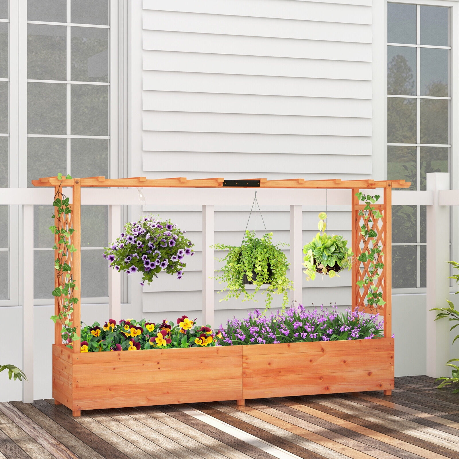 Amijoy Raised Garden Bed With 2 Sided Trellis And Hanging Roof Fir Wood