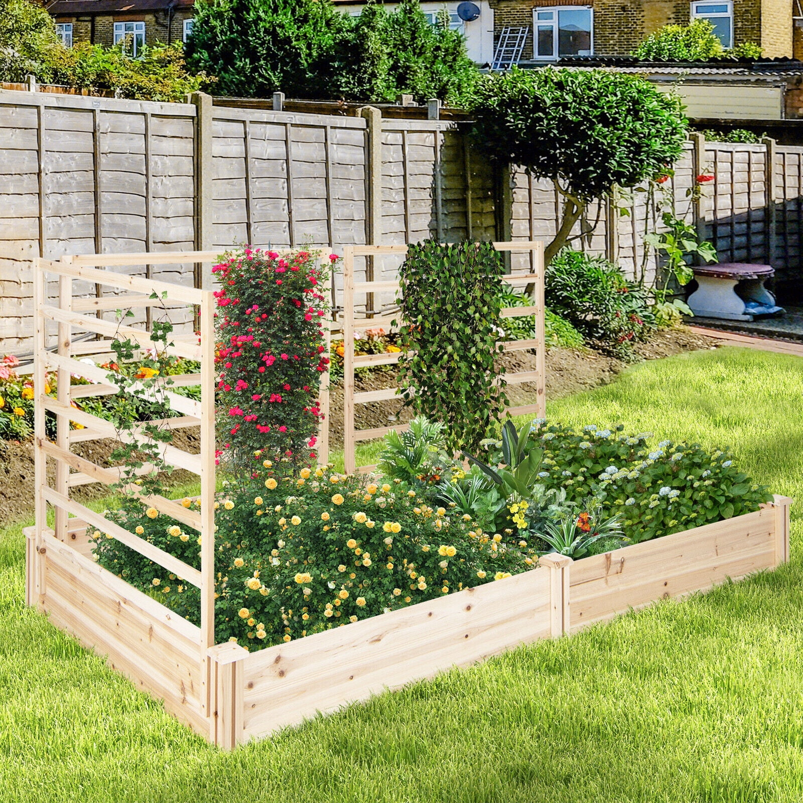 Amijoy Raised Garden Bed with 3 Trellises, Outdoor Wood Planter Box ...