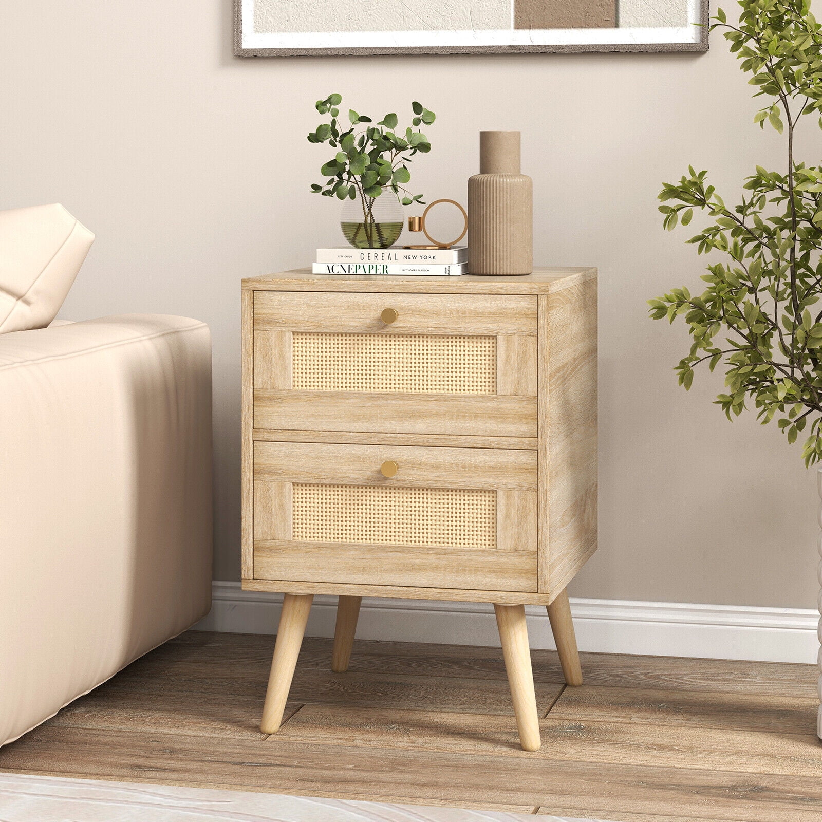 Amijoy Rattan Nightstand Boho Accent Bedside Table with 2 Storage Drawers Natural - Walmart.com