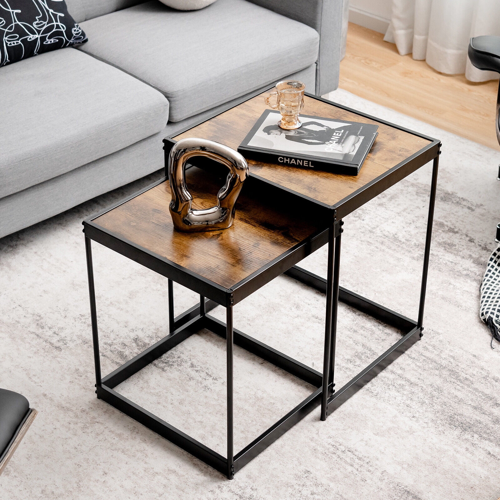 Amijoy Square Nesting Tables, Set of 2 Coffee End Table W/ Sturdy Steel ...