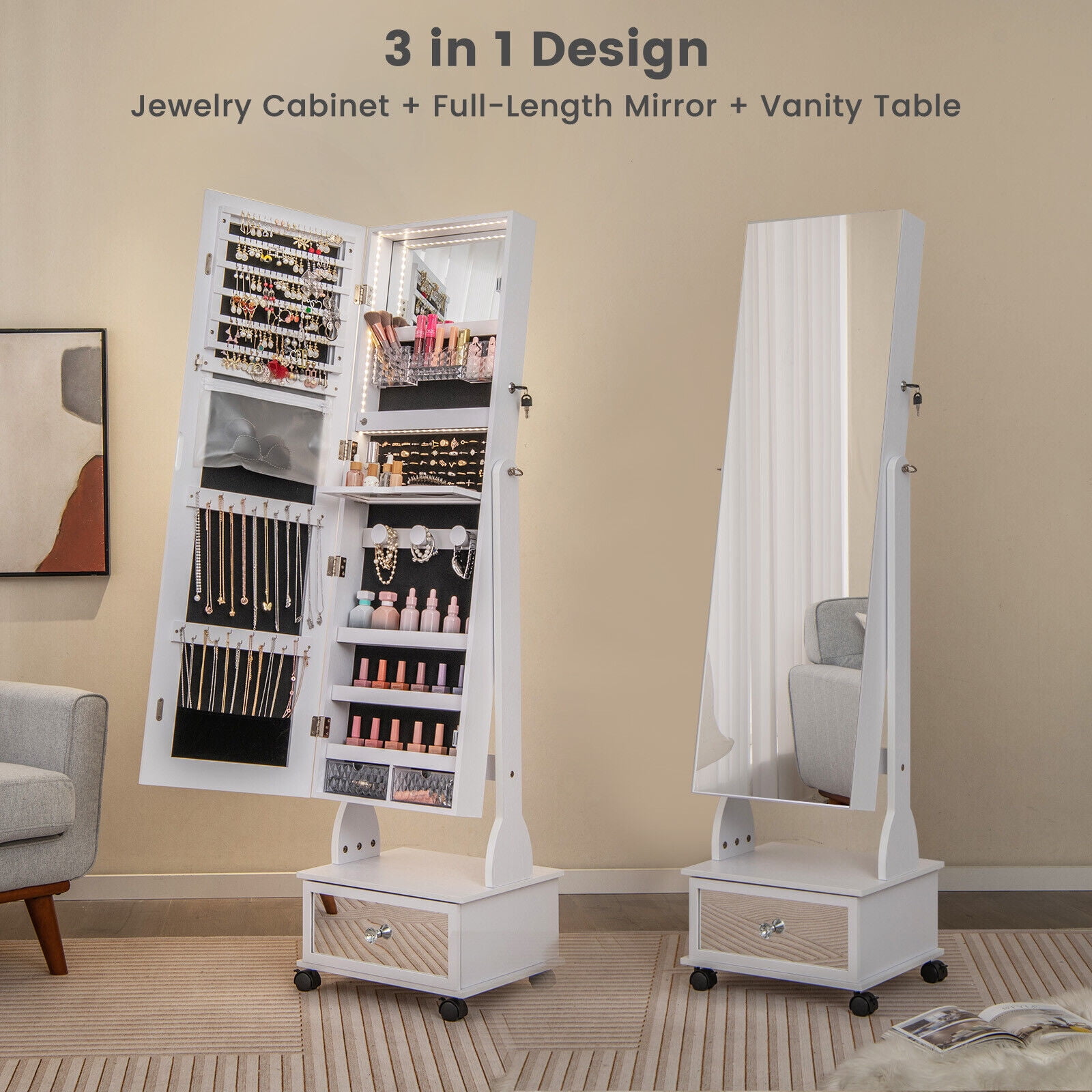 Amijoy Standing Jewelry Cabinet With Full Body Mirror, Lockable Storage ...