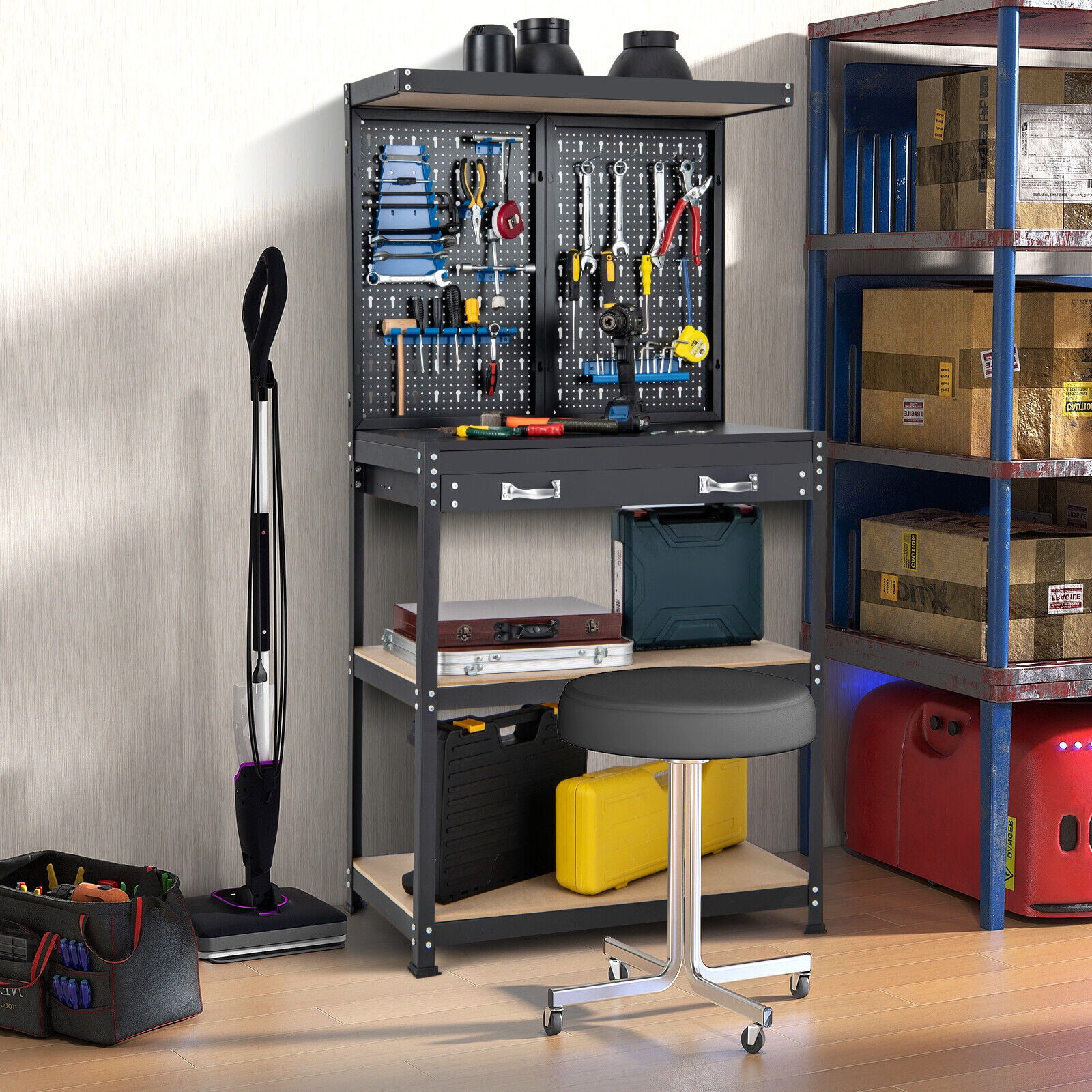 Amijoy Workbench with Pegboard, Multi-use Workbench with 2 Tires of ...