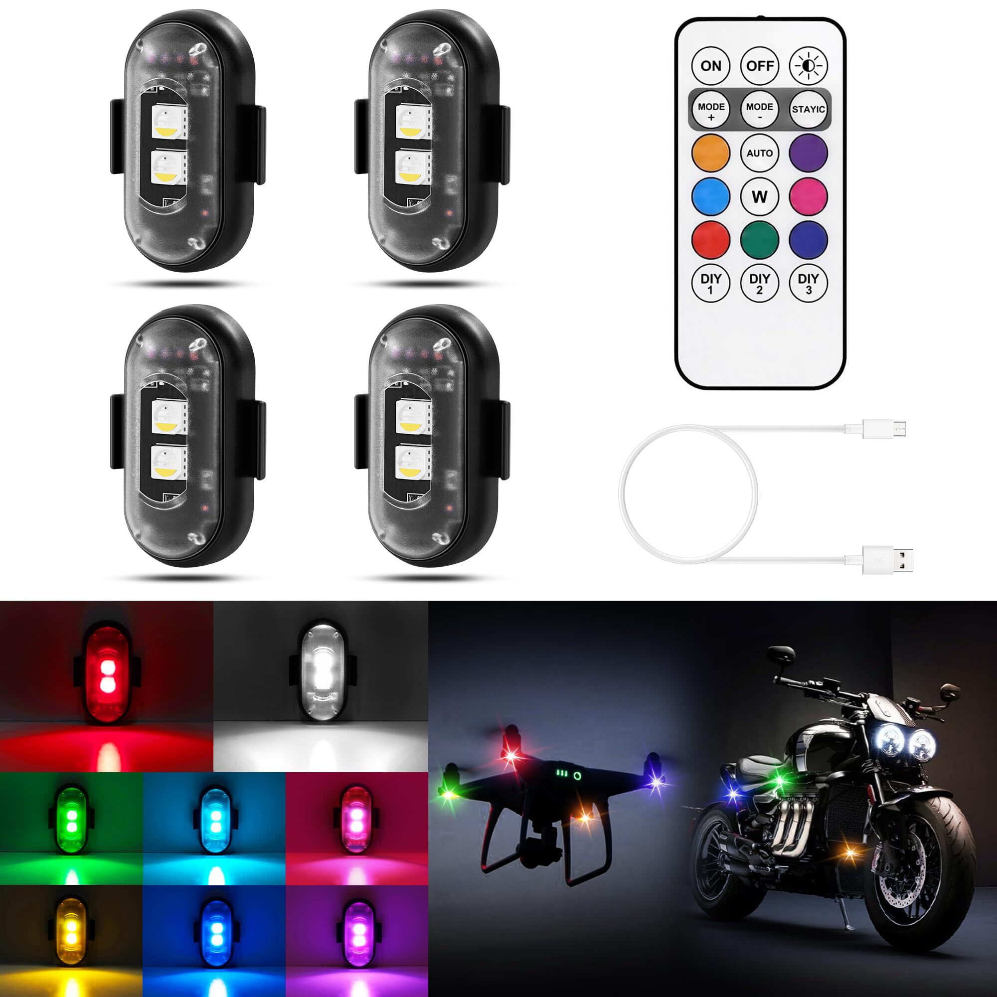 Amiline Wireless LED Lights for Car 4PCS with Remote Control, Wireless ...