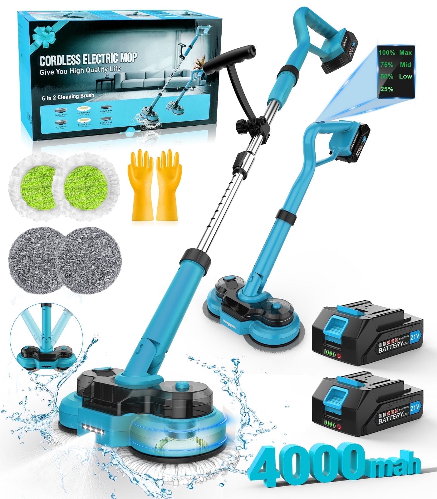 Amiluo Cordless Electric Mop, Floor Cleaner with LED Headlight & Water ...