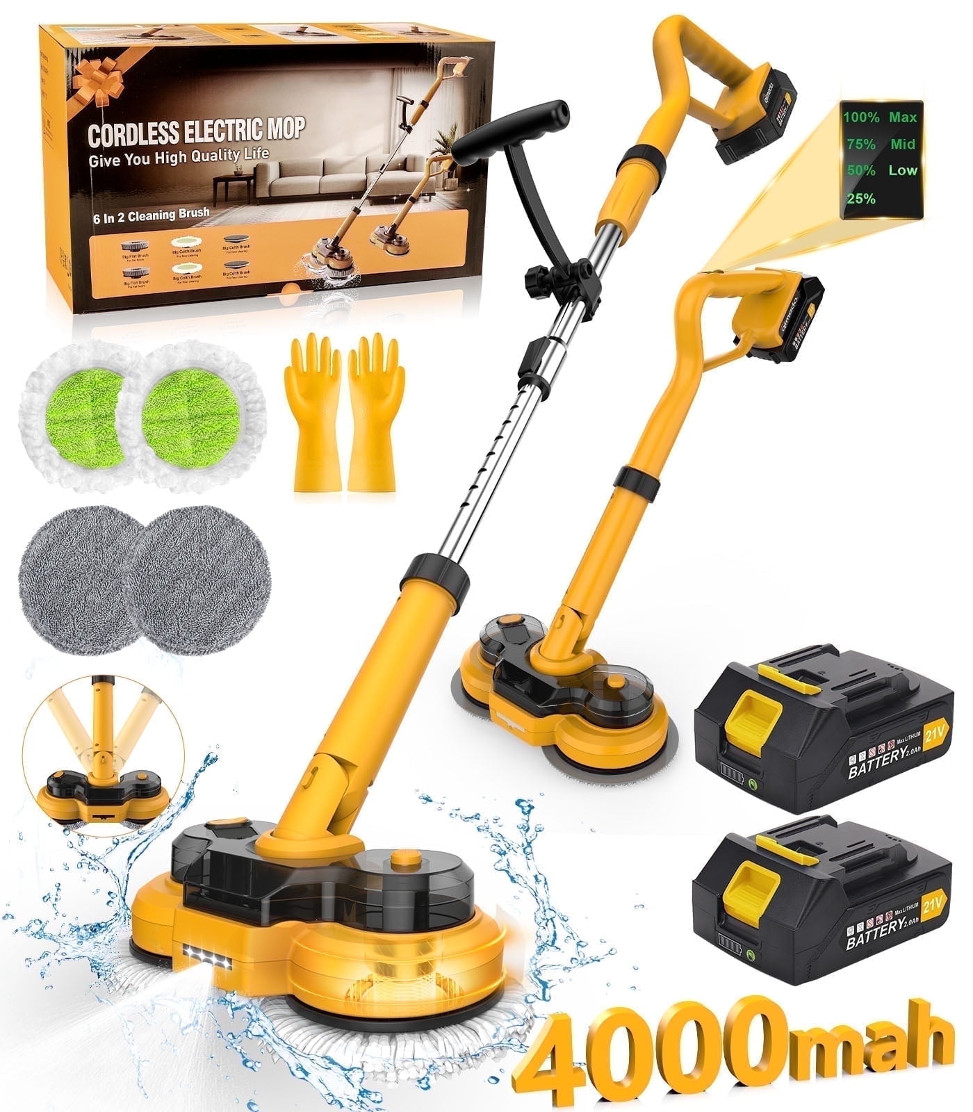 Amiluo Cordless Electric Mop, Floor Cleaner with LED Headlights & Water ...