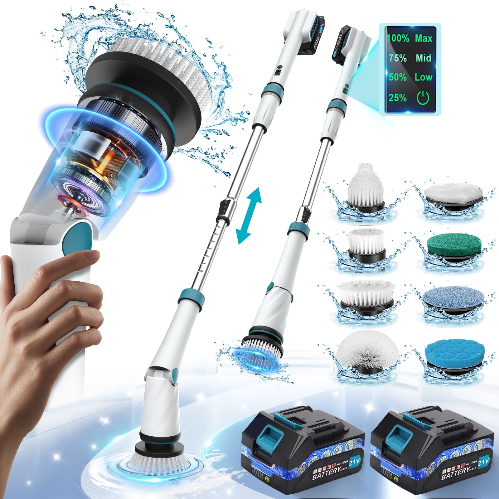 Amiluo Cordless Electric Scrubber, 2 Batteries, 8 Brushes, 1200RPM for ...