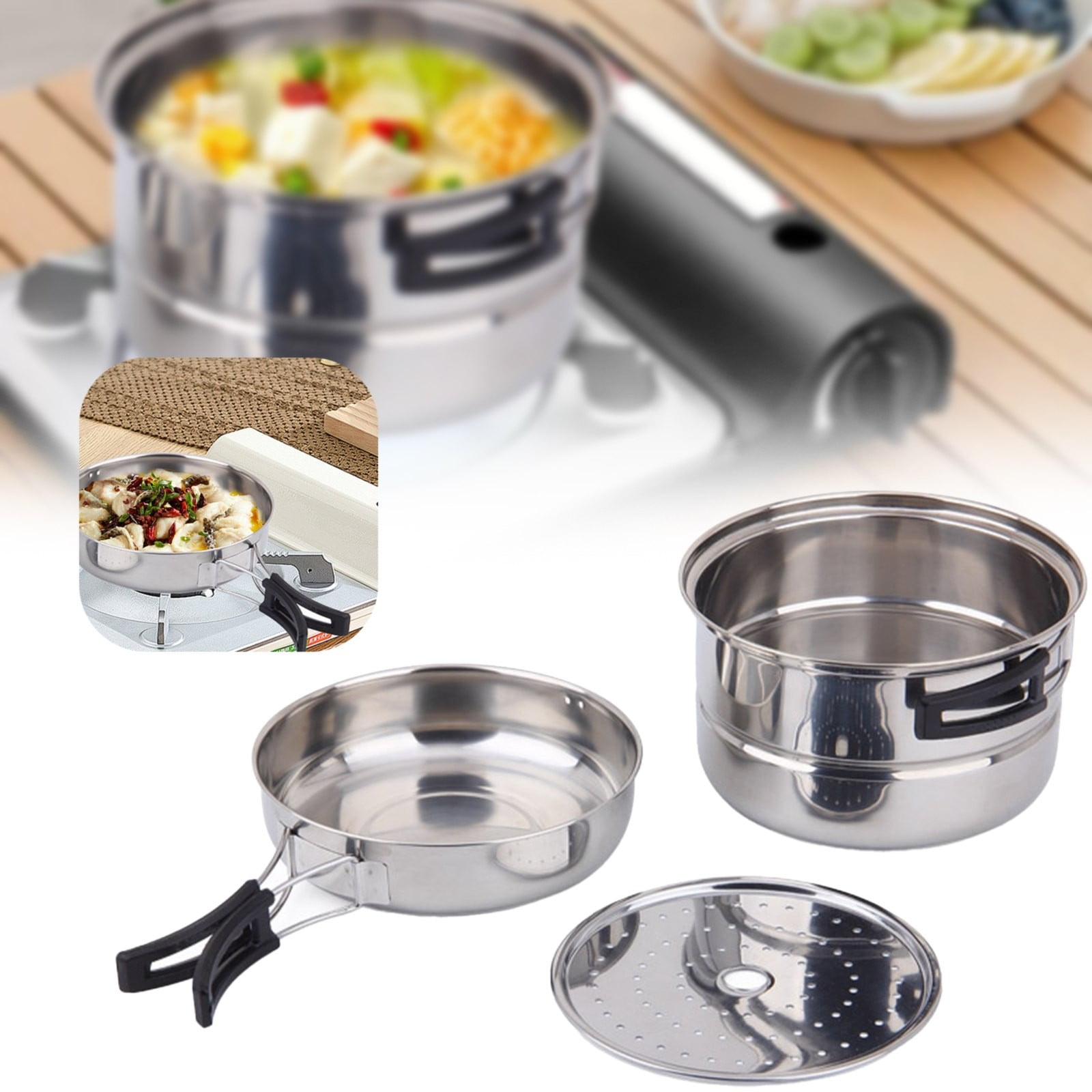Aminojy 3-Piece Stainless Steel Camping Cookware Set, Portable Foldable ...