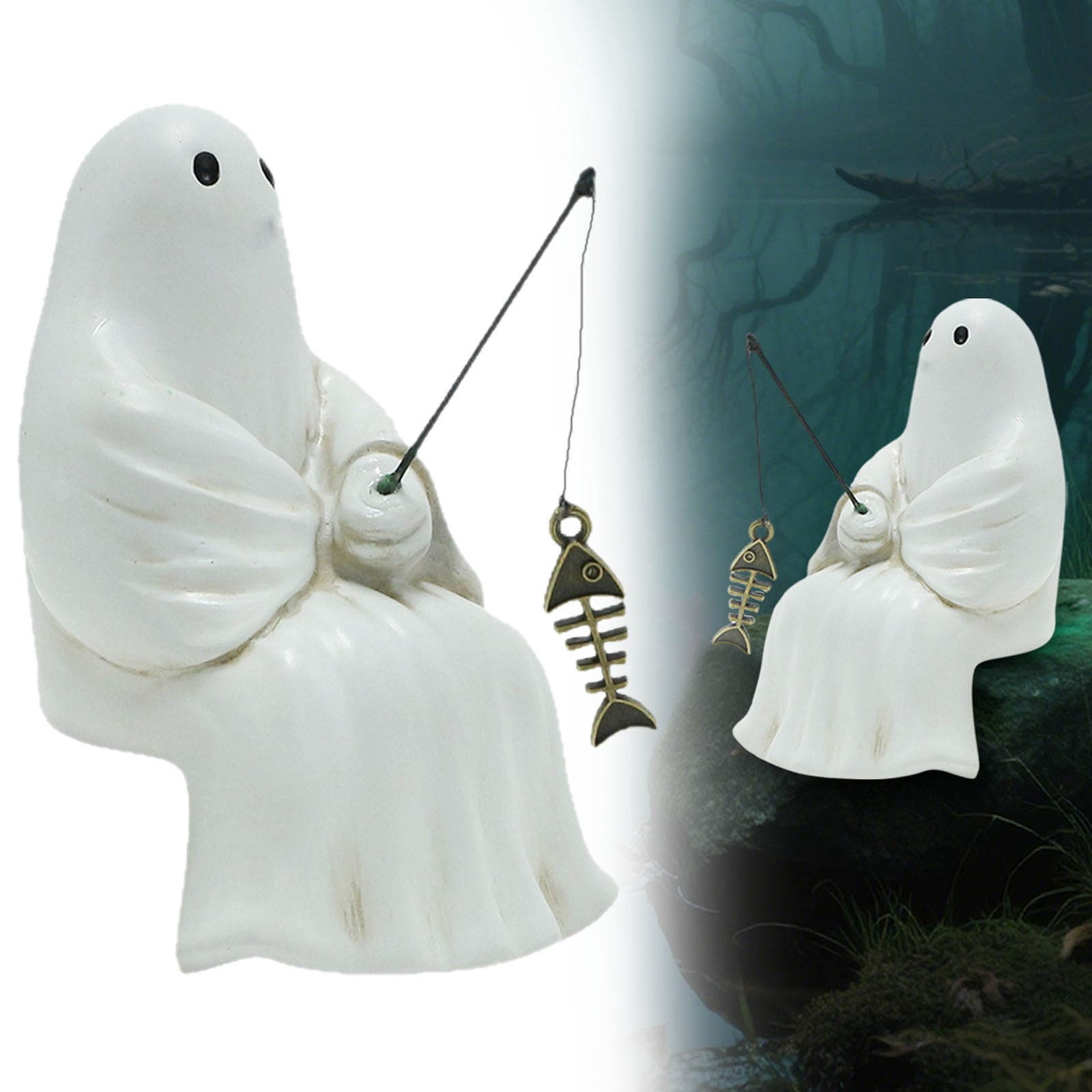 Aminojy Ghostly Fisherman Statue, Mini Fishing Skeleton Figurine - 3.35 ...