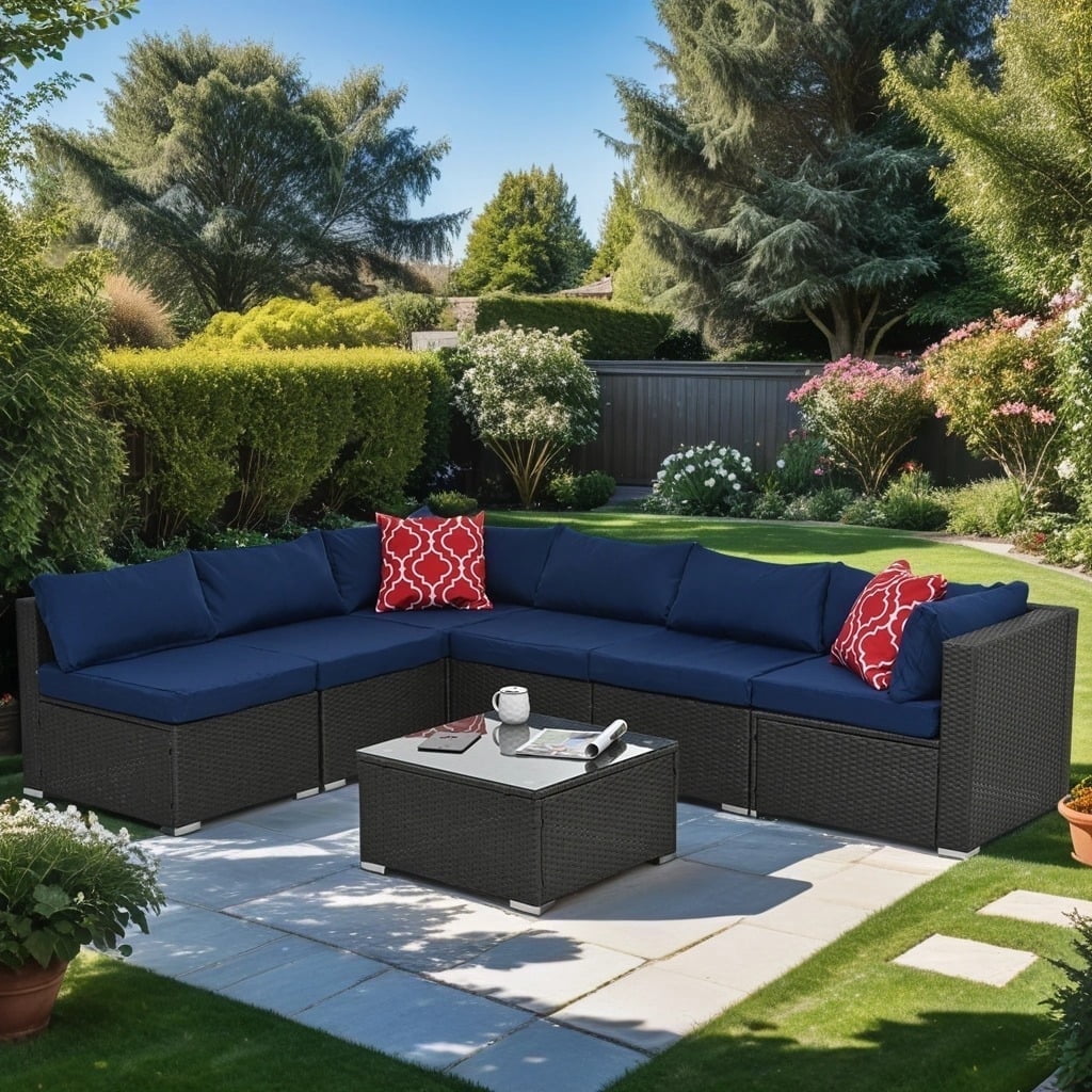 Aminy 7 Iron Sturdy Outdoor Conversation Sets with Sofa and Table, Blue ...