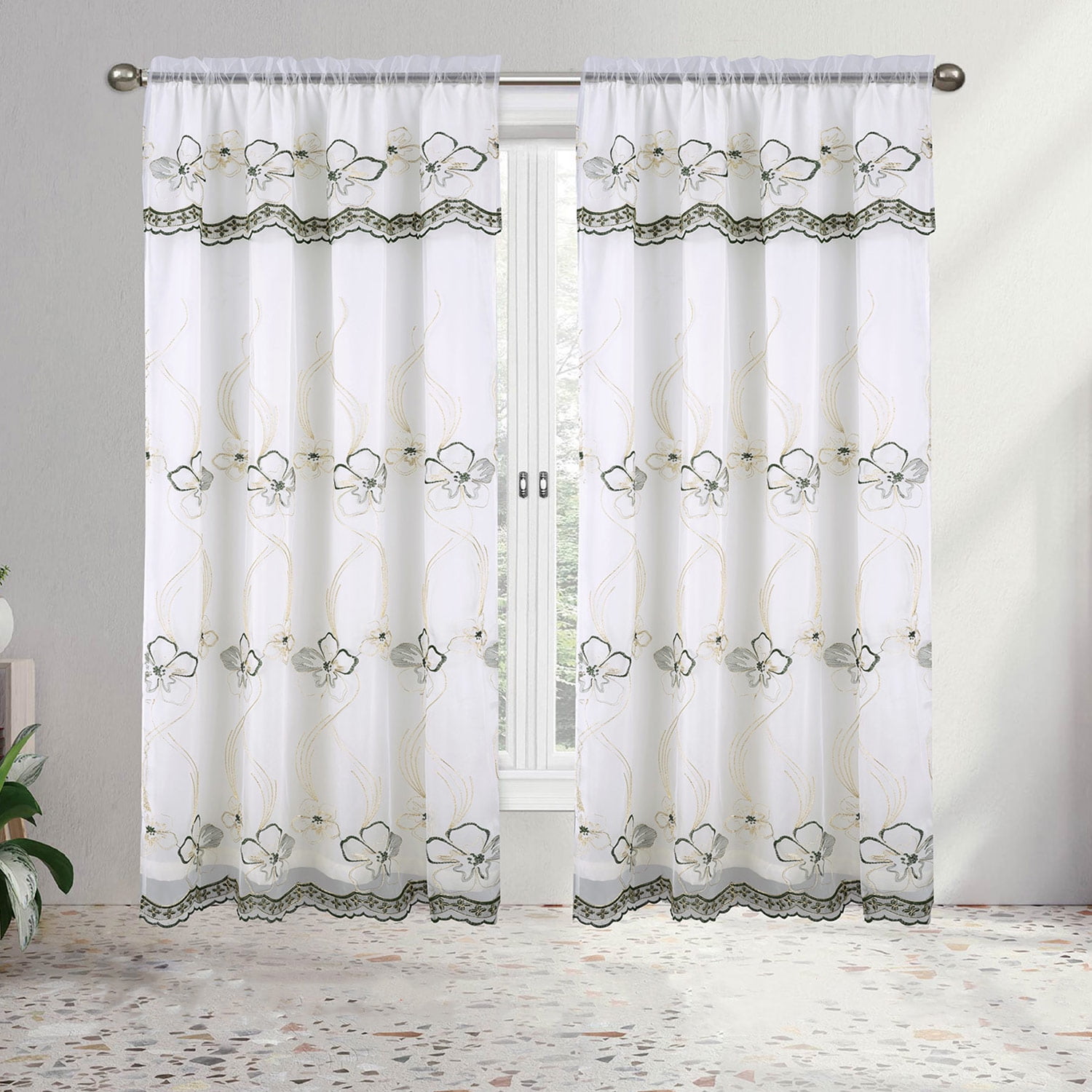 Amira Floral Embroidery Window Panel with Valance and Backing, Beige ...