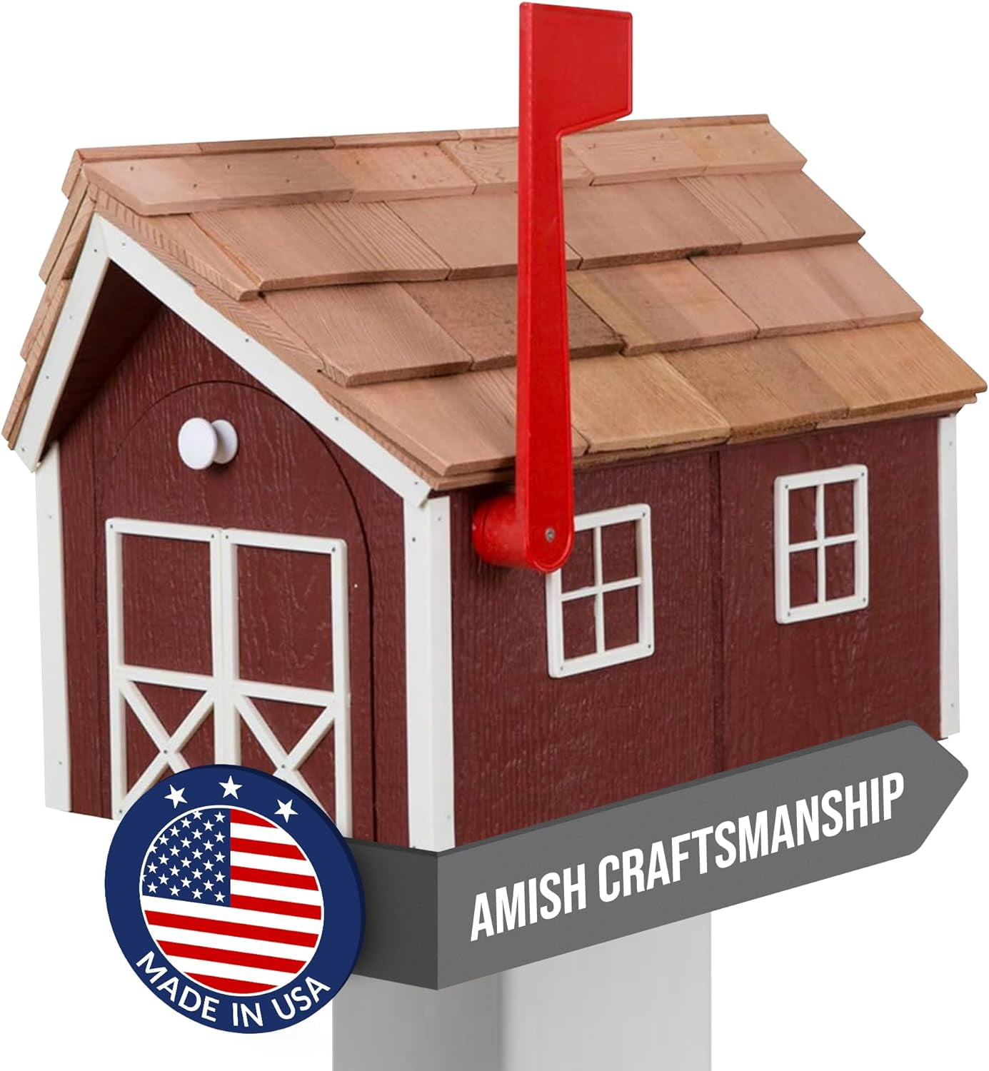 Amish Cedar Roof Wooden Mailbox with Window & Door Trim, Handcrafted ...