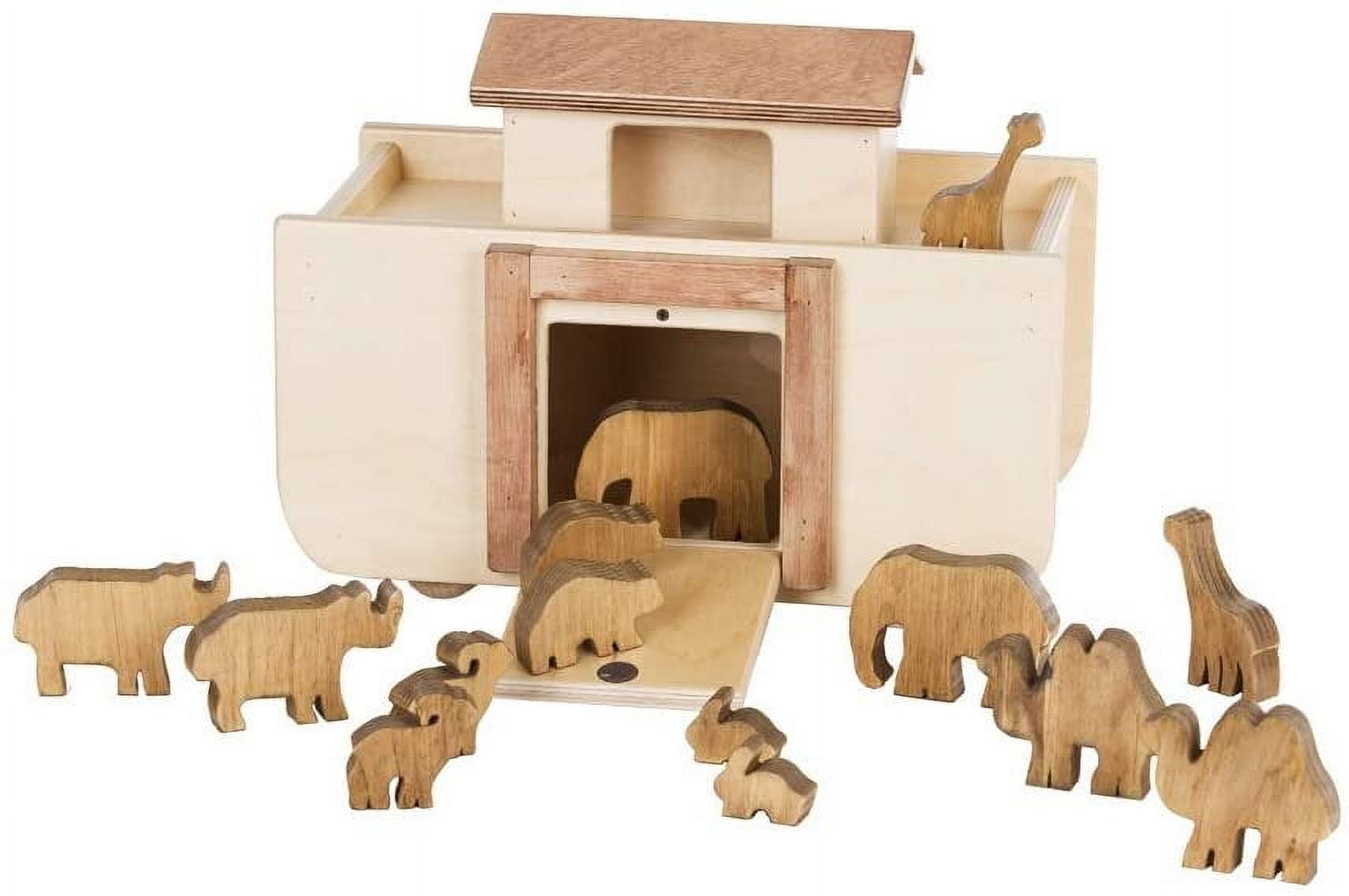 Amish-Made Wooden Noah's Ark Toy with 14 Toy Animals Walnut and Natural ...