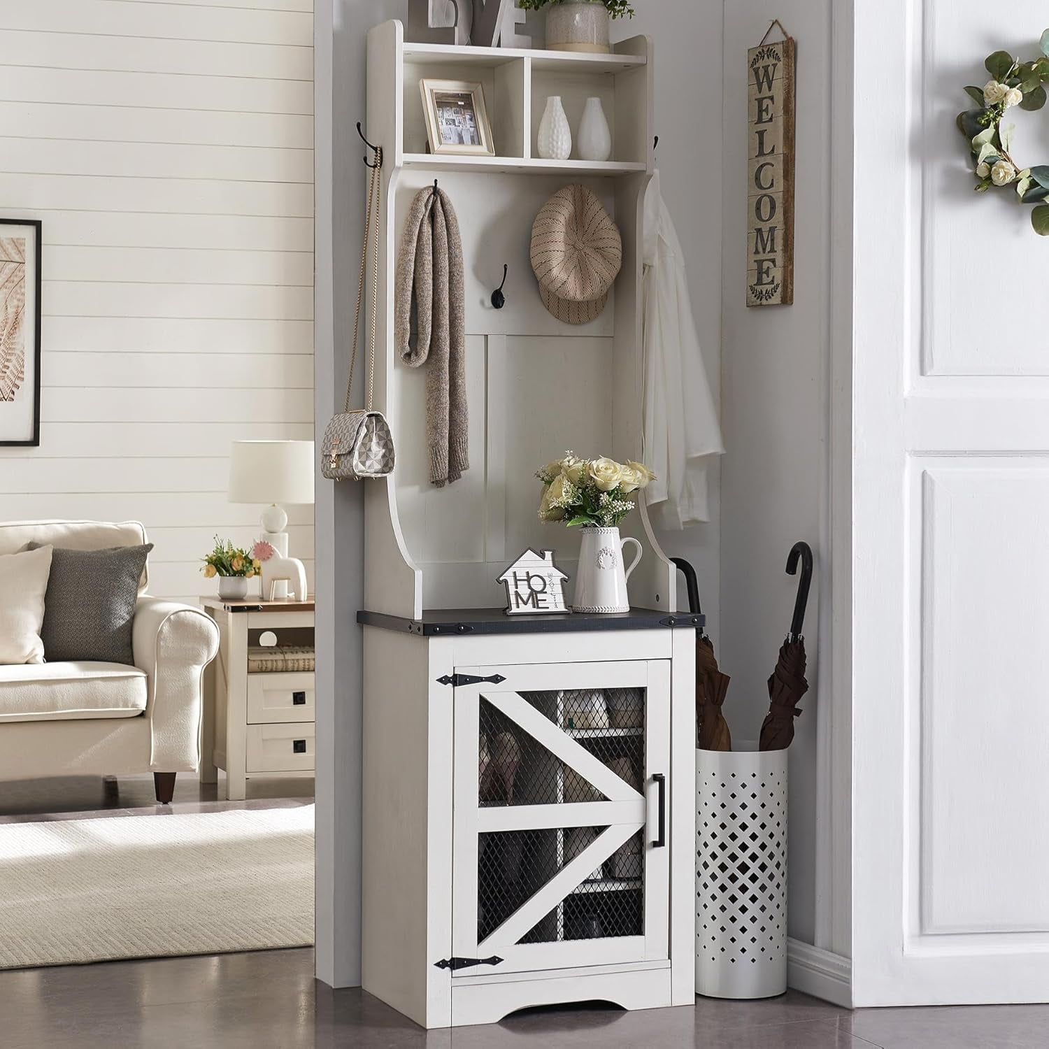 Amissz 23" Farmhouse Hall Tree with Shoe Storage, Entryway Bench with 6 ...