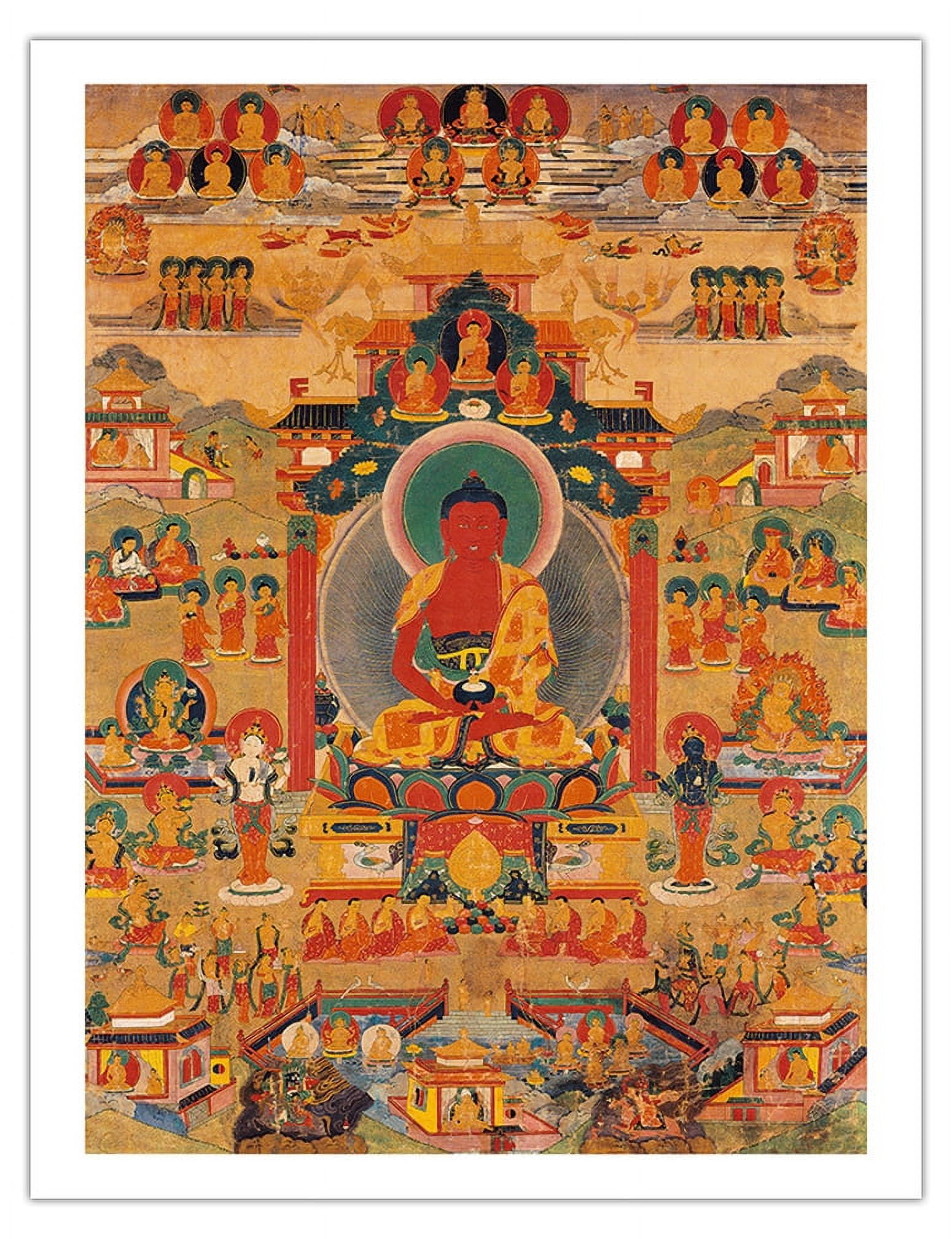 Amitabha in Sukhavati - Buddha of Boundless Light - Vintage Tibetan Thangka Buddhist Painting ...