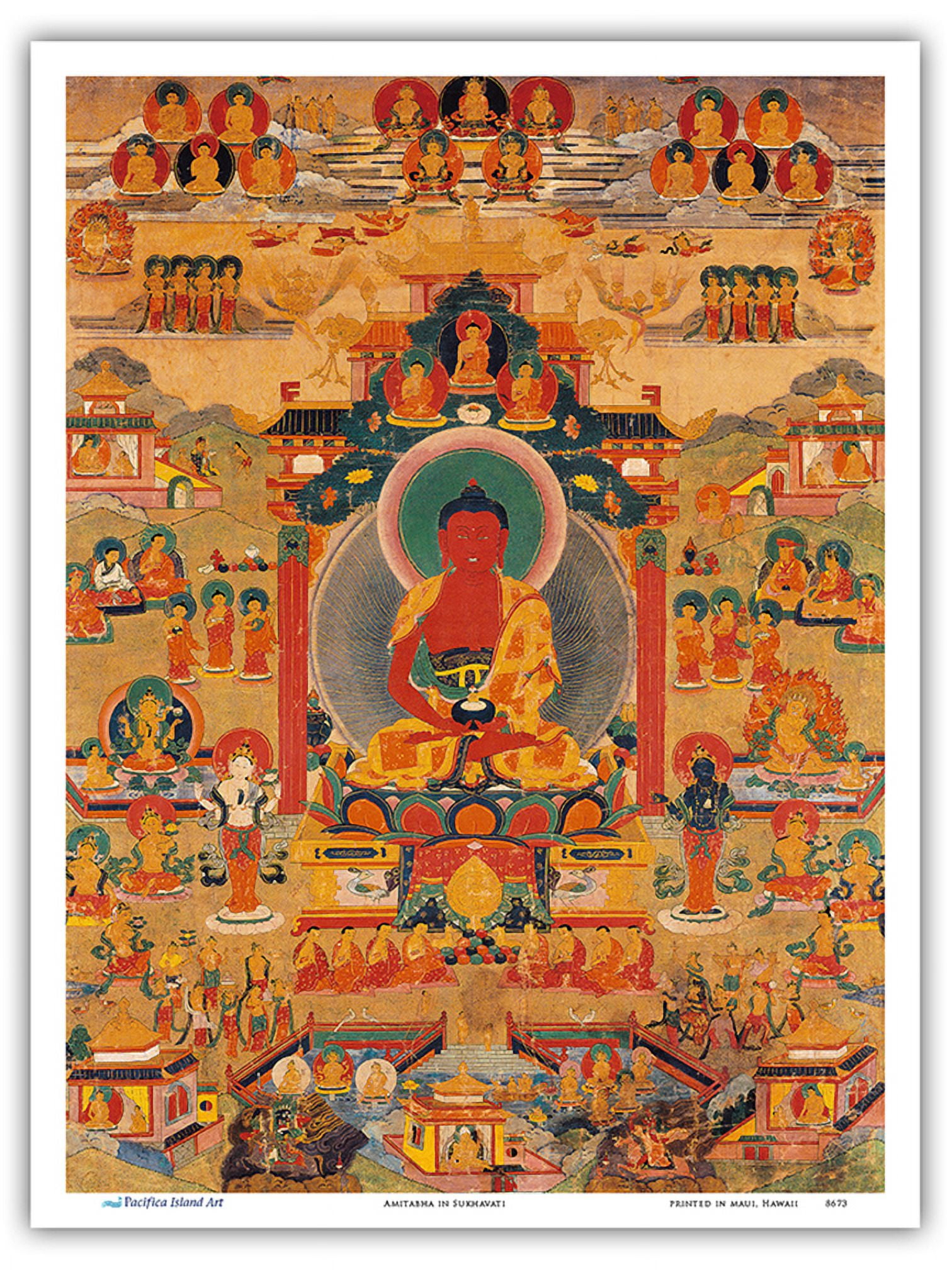 Amitabha in Sukhavati - Buddha of Boundless Light - Vintage Tibetan Thangka Buddhist Painting ...